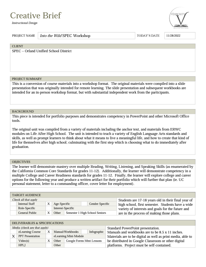 Training Materials Project Page — Verbosity Creative Solutions