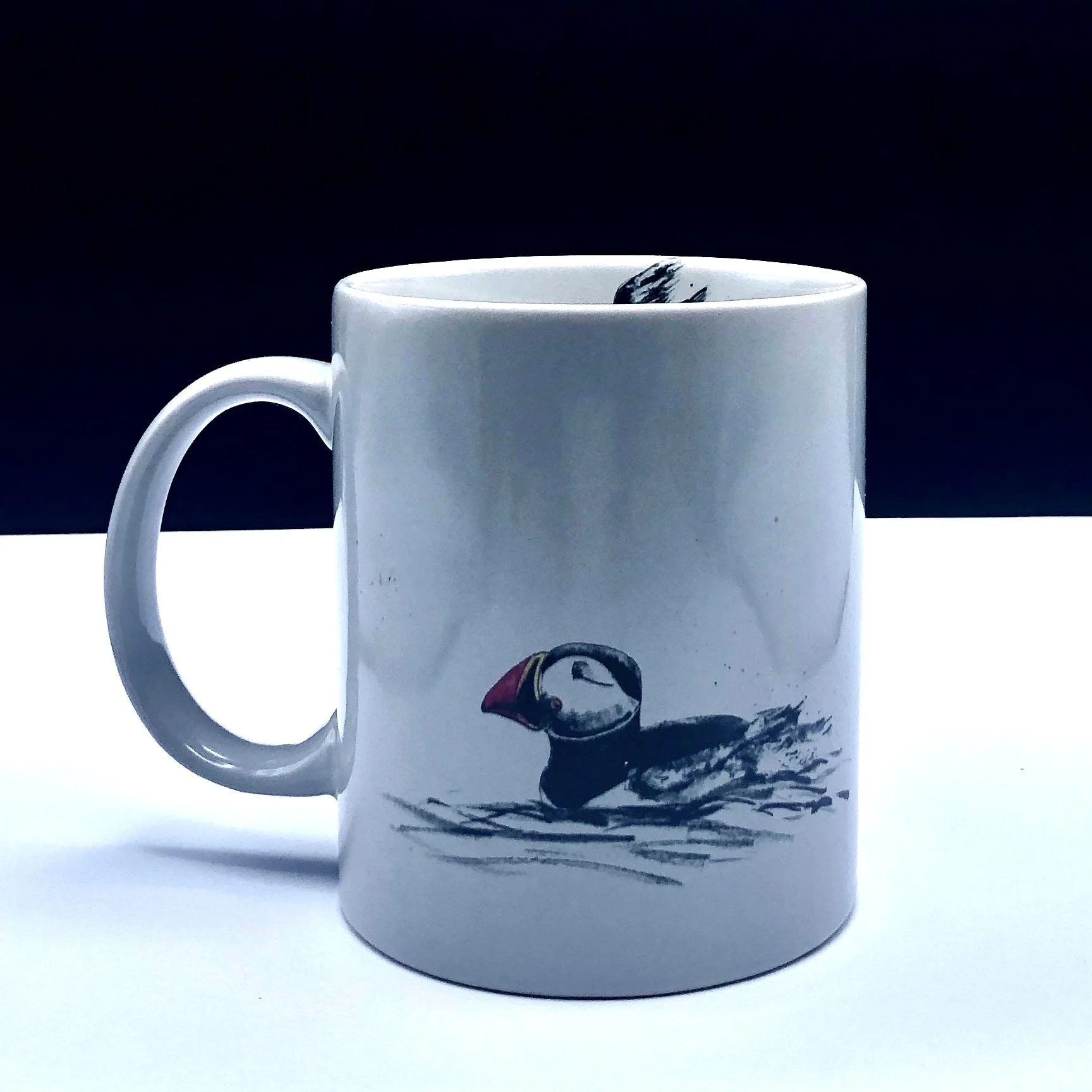 Grey upcycled mug with two puffins — The Jolly Upcycler
