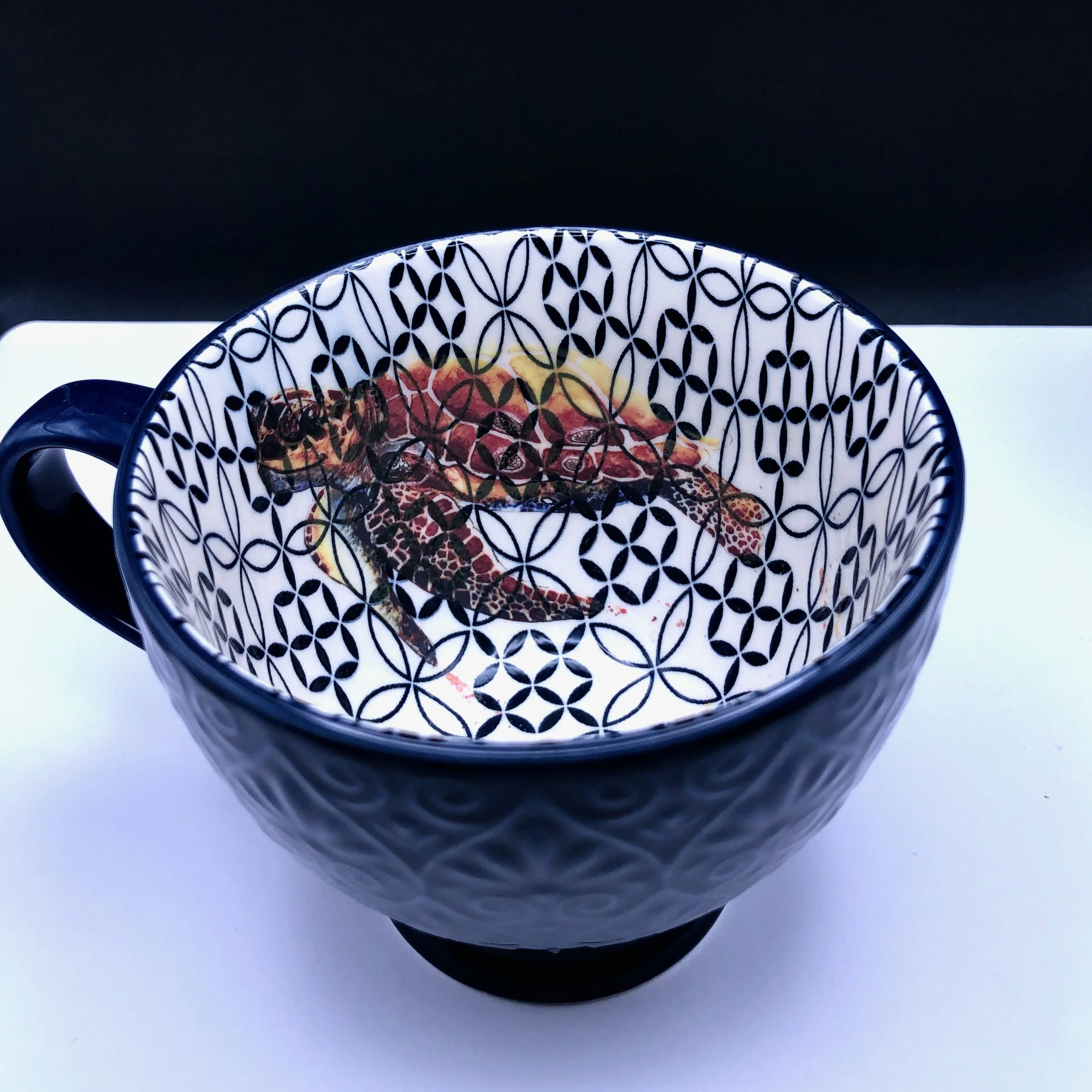 Upcycled blue mug with turtle — The Jolly Upcycler