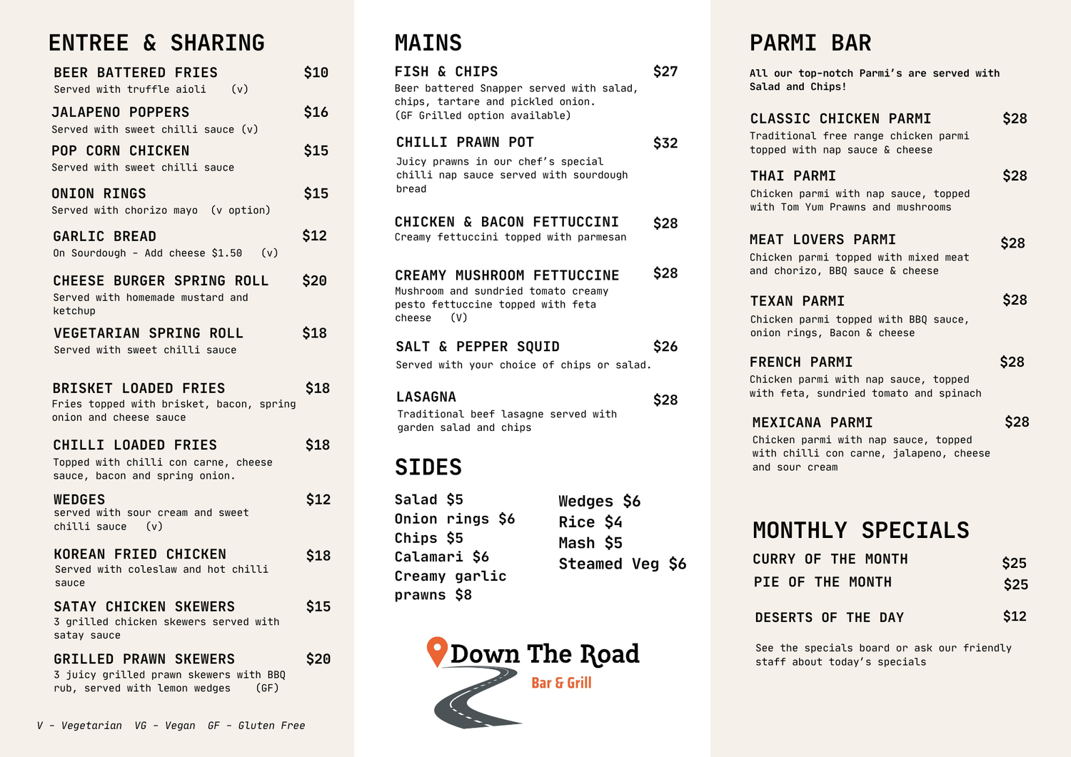 Menu — Down The Road Bar and Grill