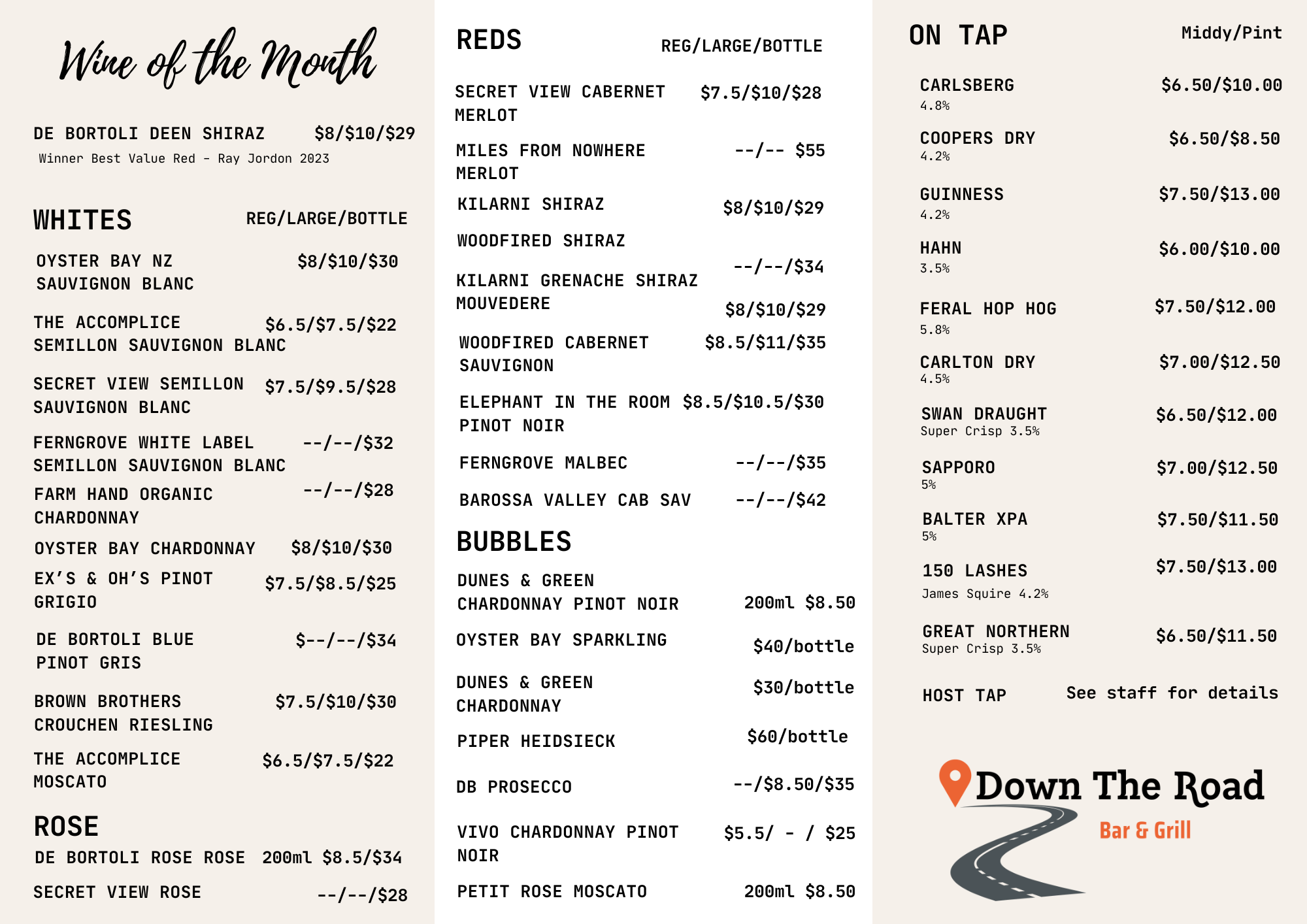 Menu — Down The Road Bar and Grill