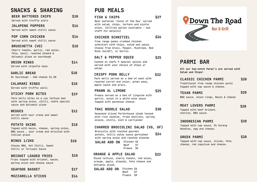Menu — Down The Road Bar and Grill
