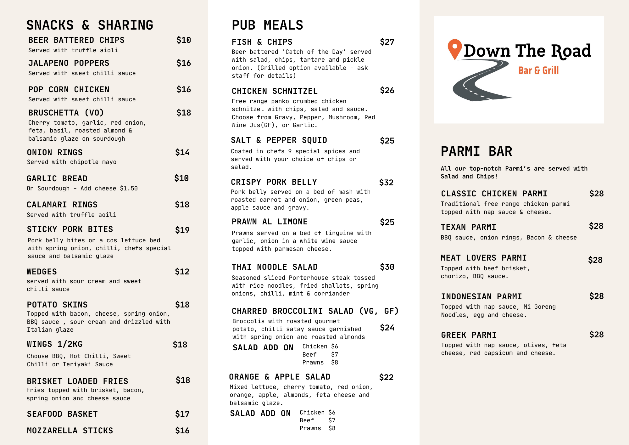 Menu — Down The Road Bar and Grill