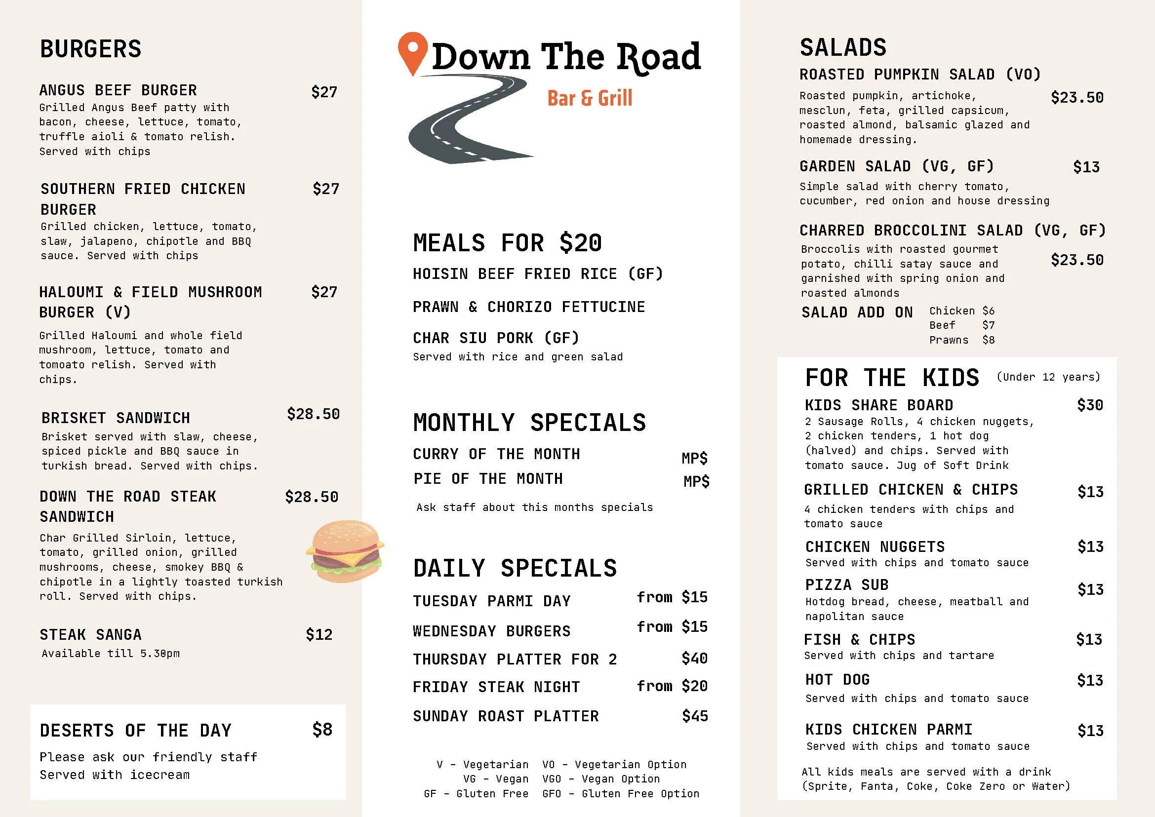 Menu — Down The Road Bar and Grill