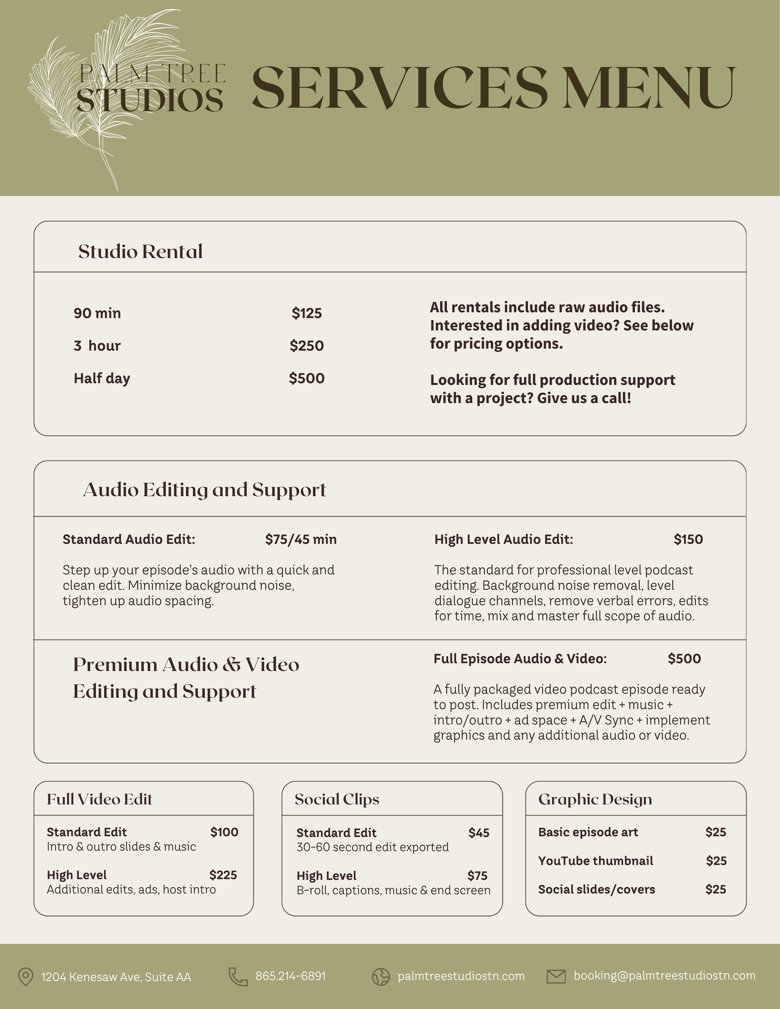 Service Menu — Palm Tree Studios