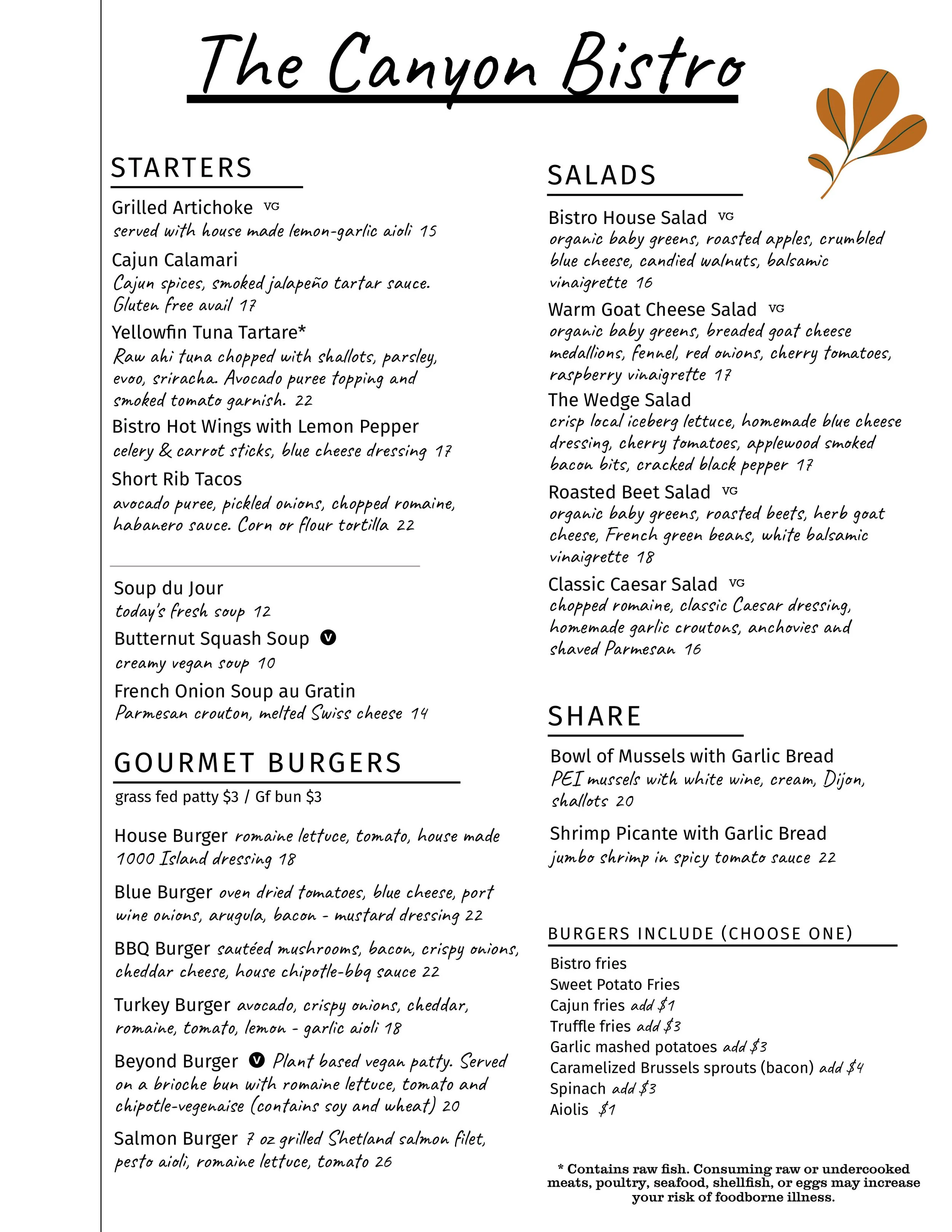 Dinner Menu of Canyon Bistro & Wine Bar - French American Cuisine ...