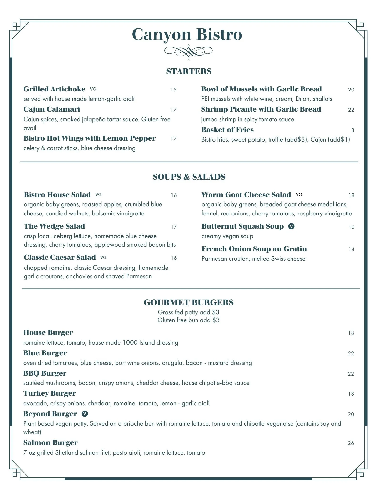 Dinner Menu of Canyon Bistro & Wine Bar - French American Cuisine ...