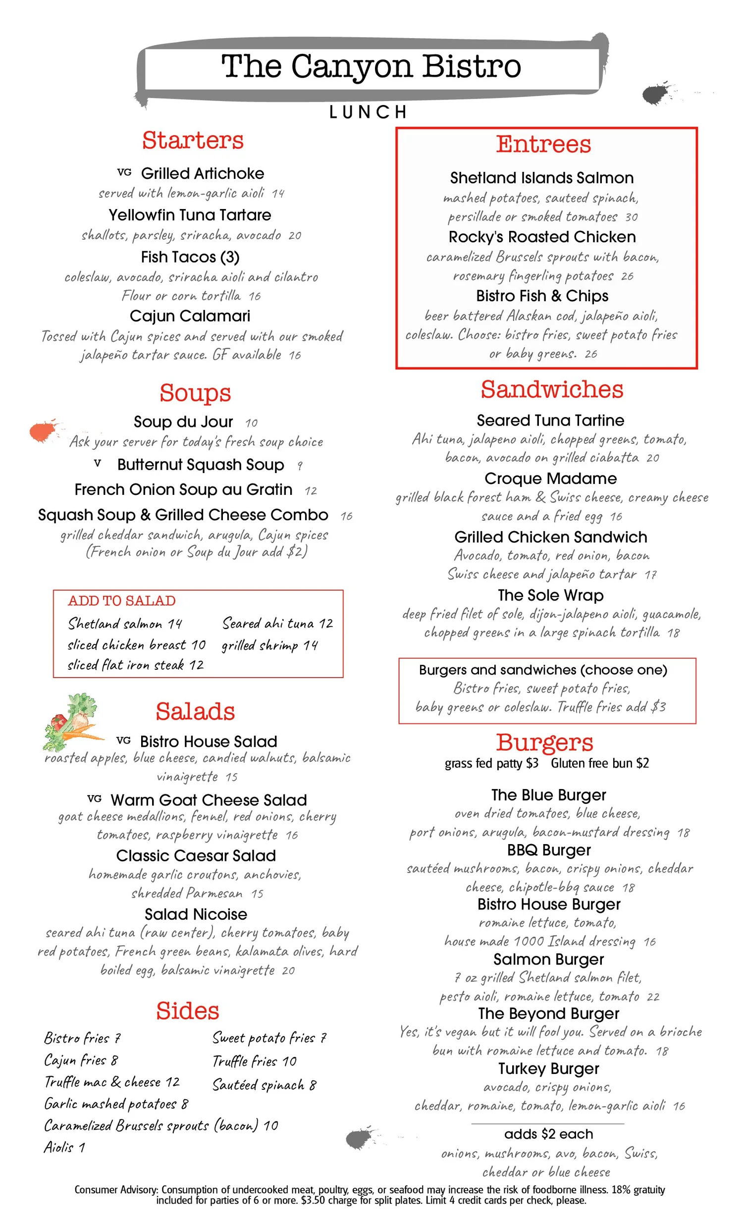 Lunch Menu of Canyon Bistro & Wine Bar - French American Cuisine ...