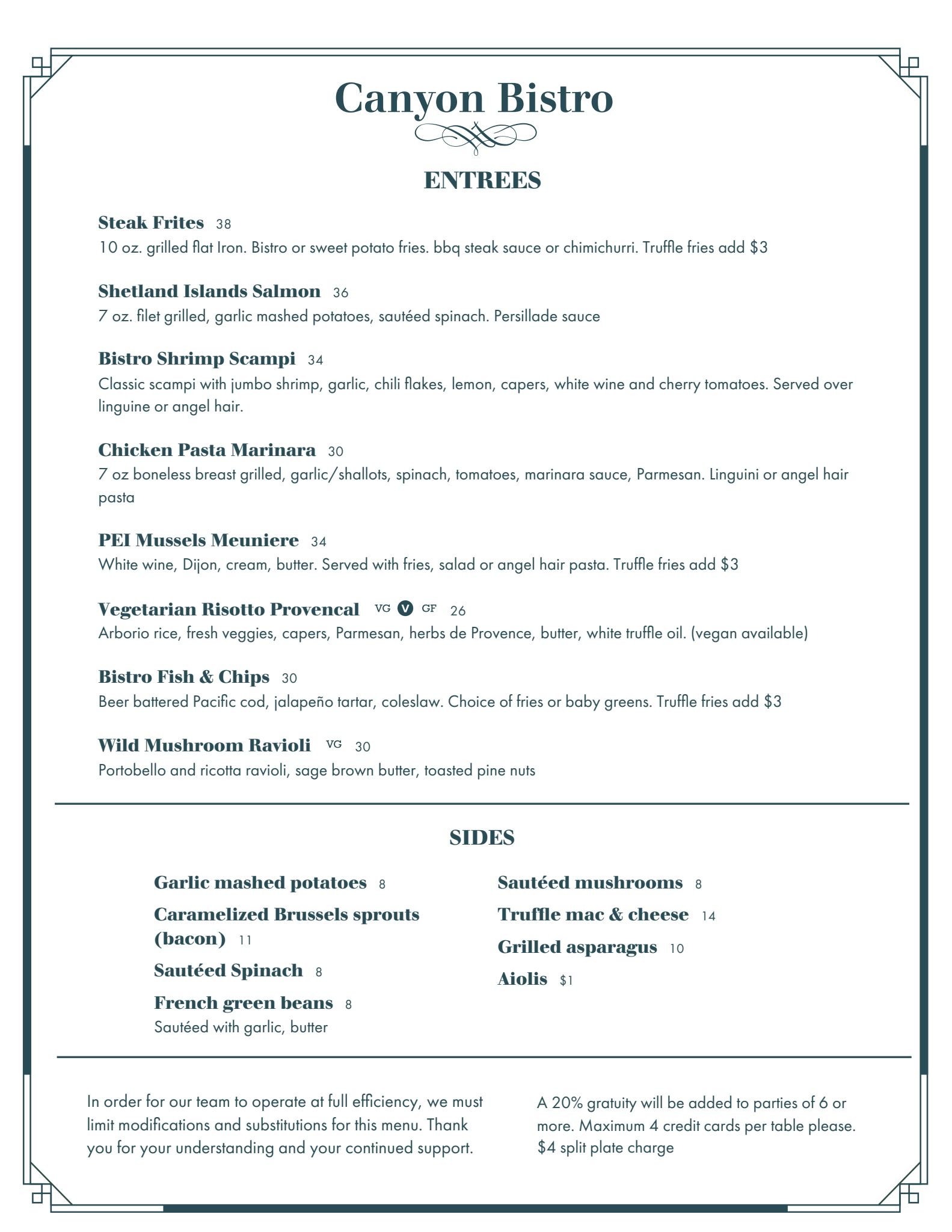 Dinner Menu of Canyon Bistro & Wine Bar - French American Cuisine ...