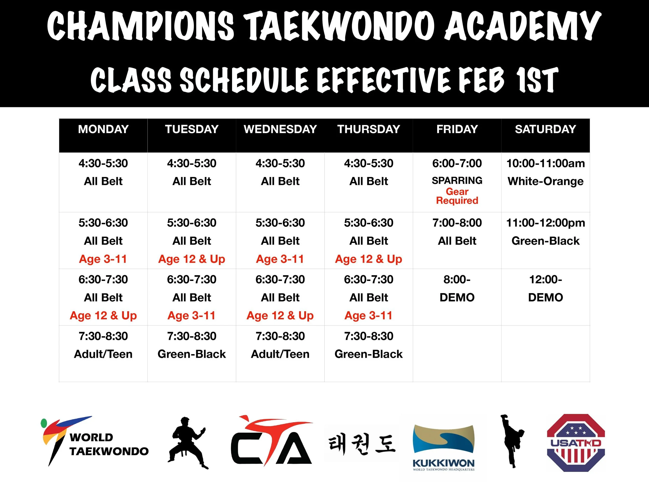 Schedule & Calendar — Champions Taekwondo Academy