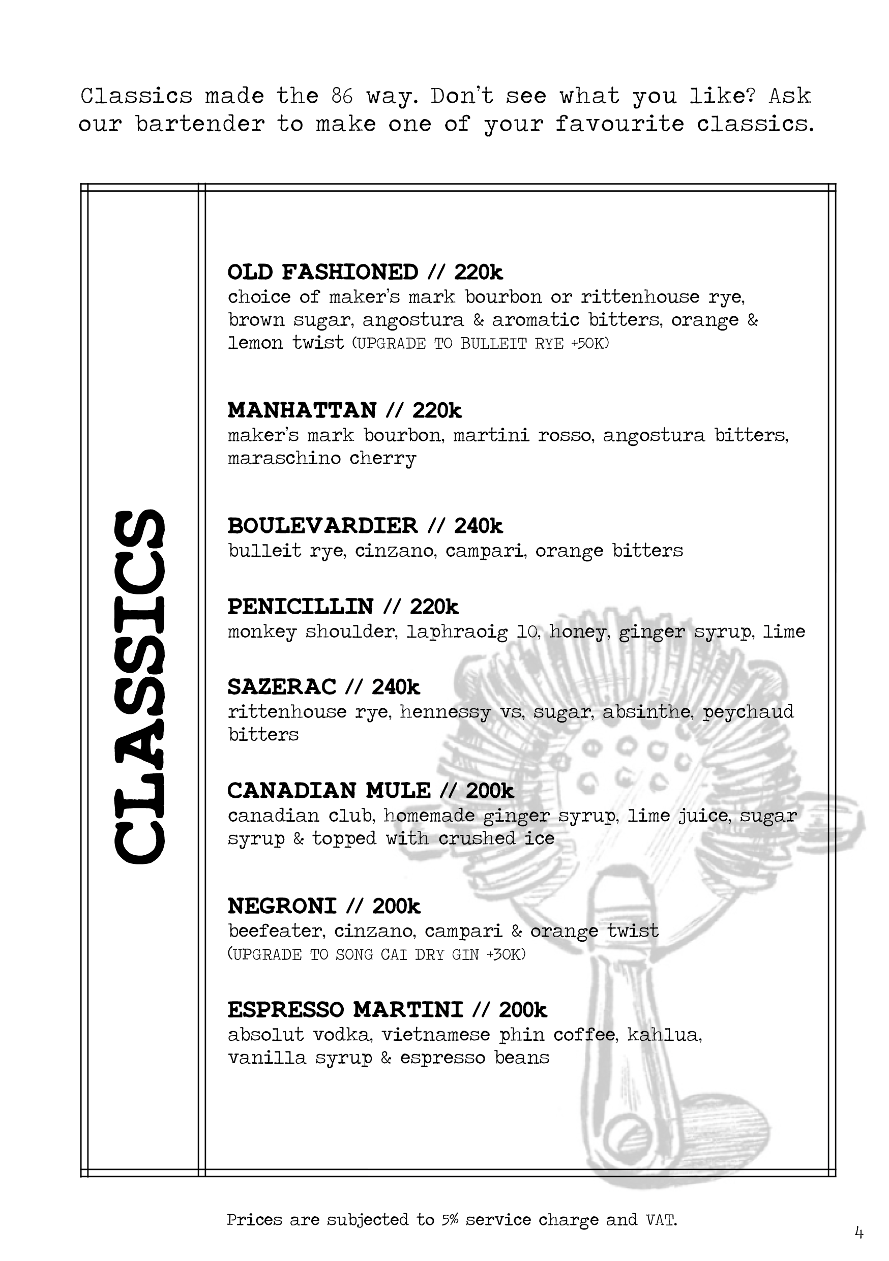 MENU — 86 PROOF