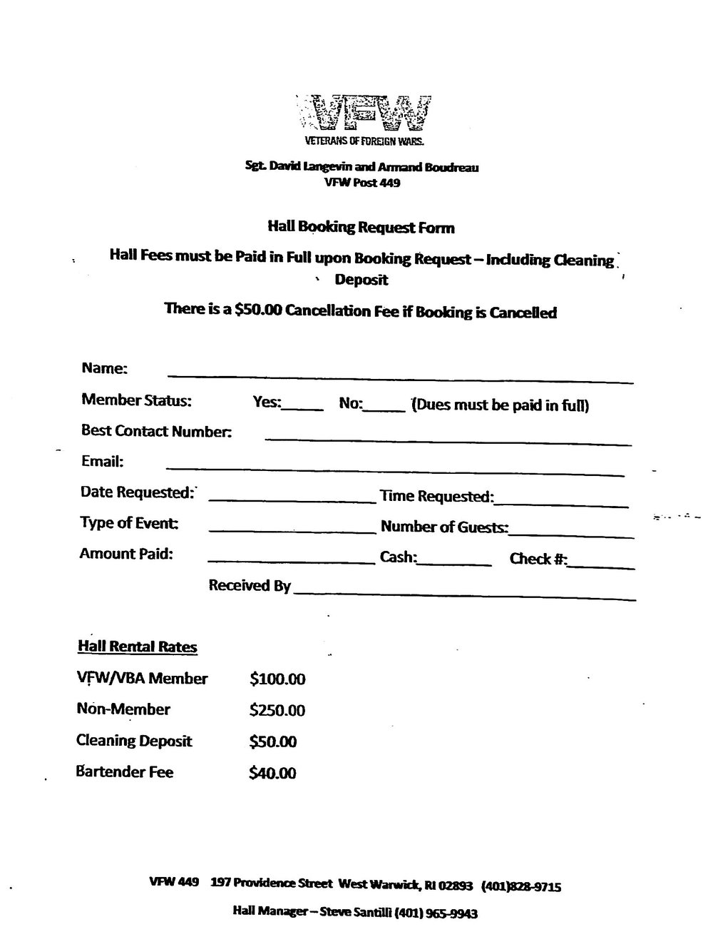 VFW Post 445 Reservations — VFW Post 449
