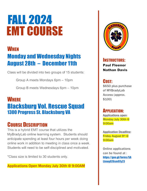 EMT Course - Fall 2024 — Blacksburg Volunteer Rescue Squad