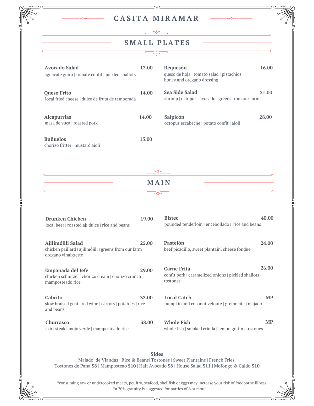 Our Menu — CASITA MIRAMAR