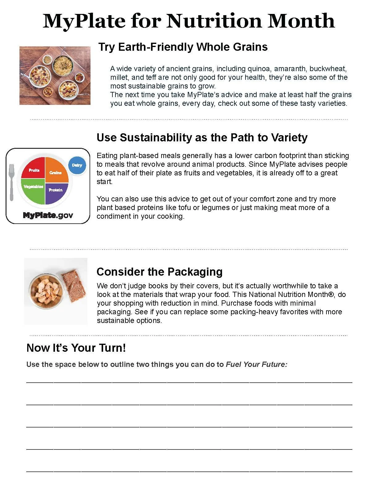 Nutrition Month Worksheet - Handout to Use MyPlate - In Printable PDF ...