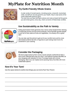 Nutrition Month Worksheet - Handout to Use MyPlate - In Printable PDF ...