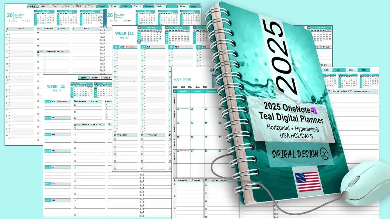 OneNote Teal Digital Planner Spiral Design — OneNote Teal Digital Planner