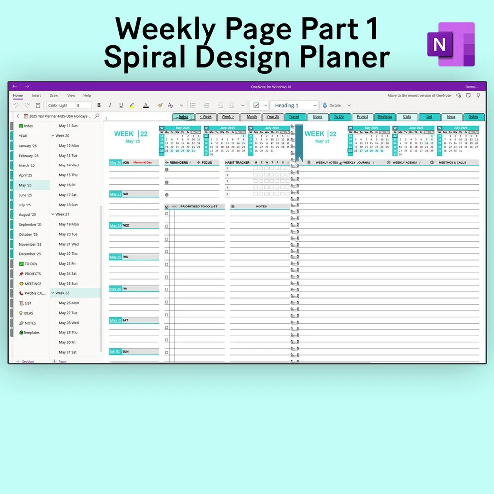 OneNote Teal Digital Planner Spiral Design — OneNote Teal Digital Planner
