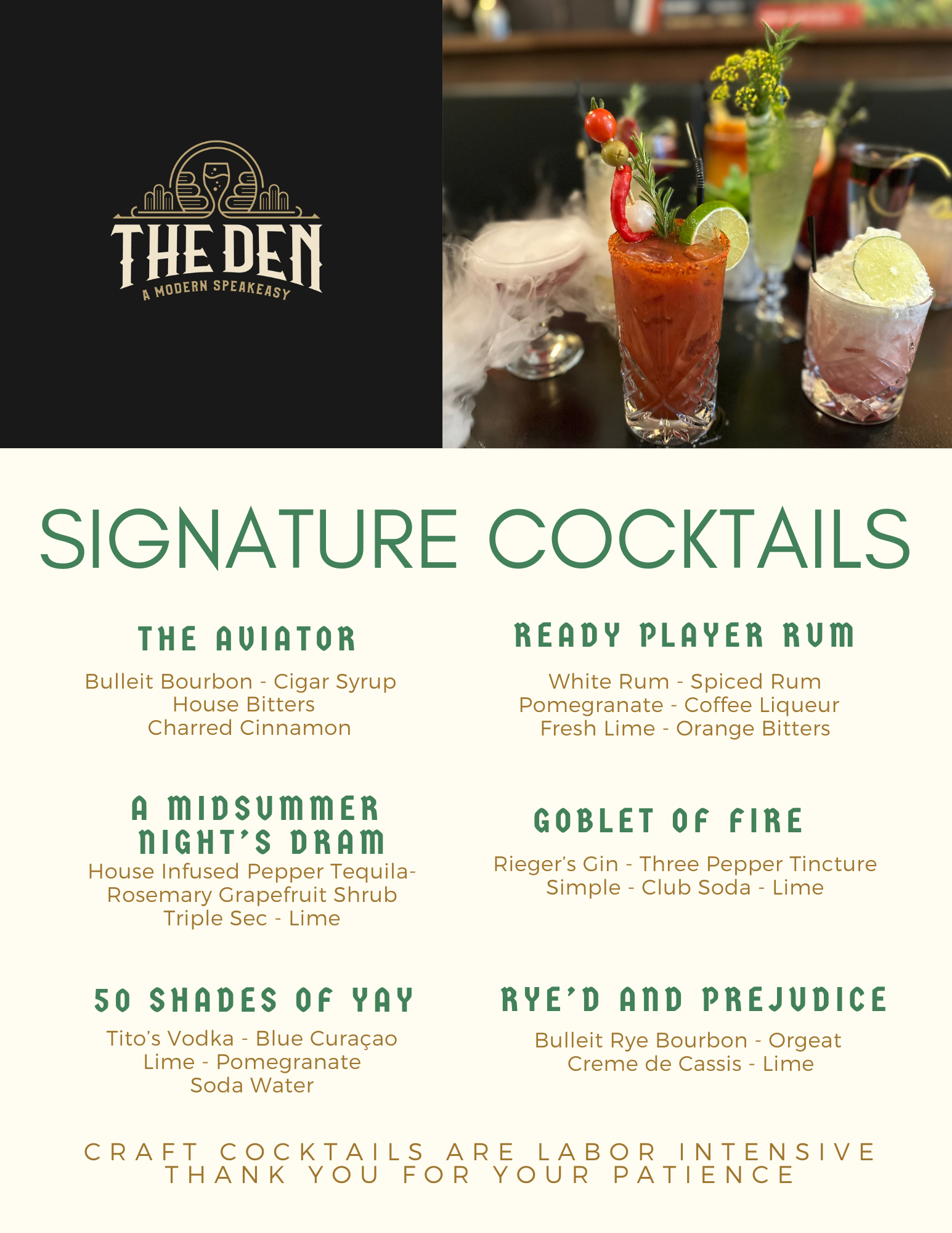 Current Cocktail Menu — The Den