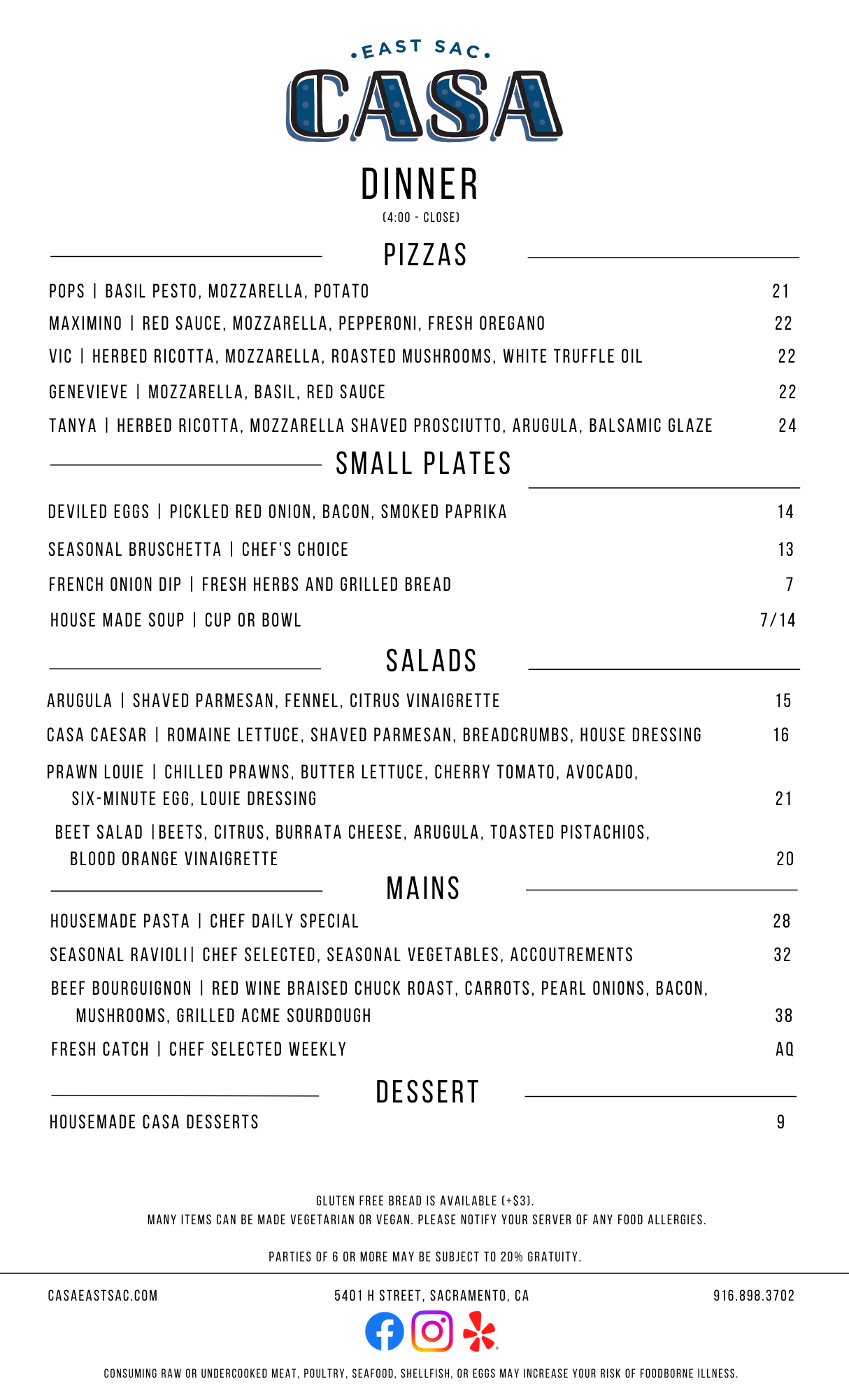 Menu — Casa East Sac