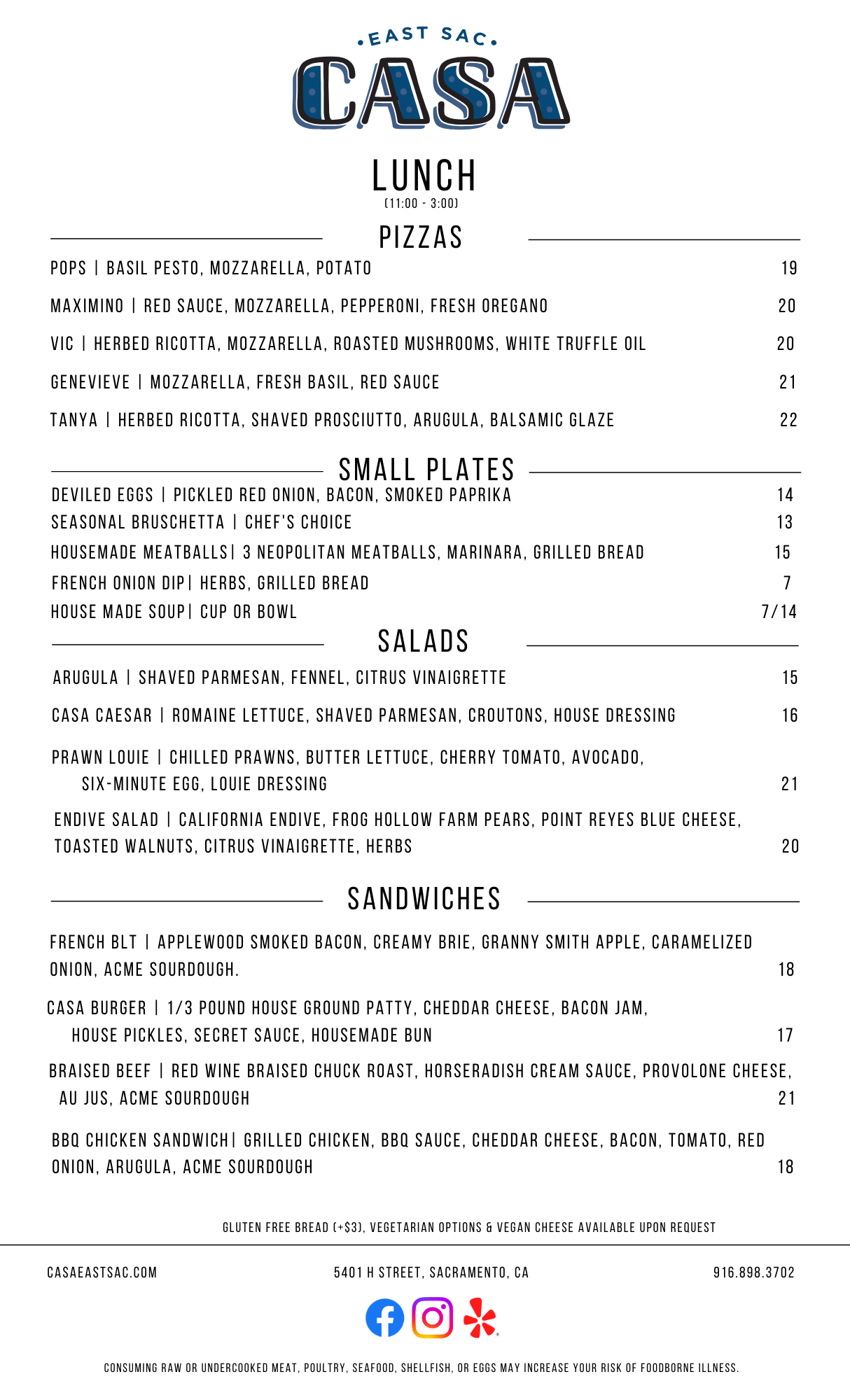Menu — Casa East Sac