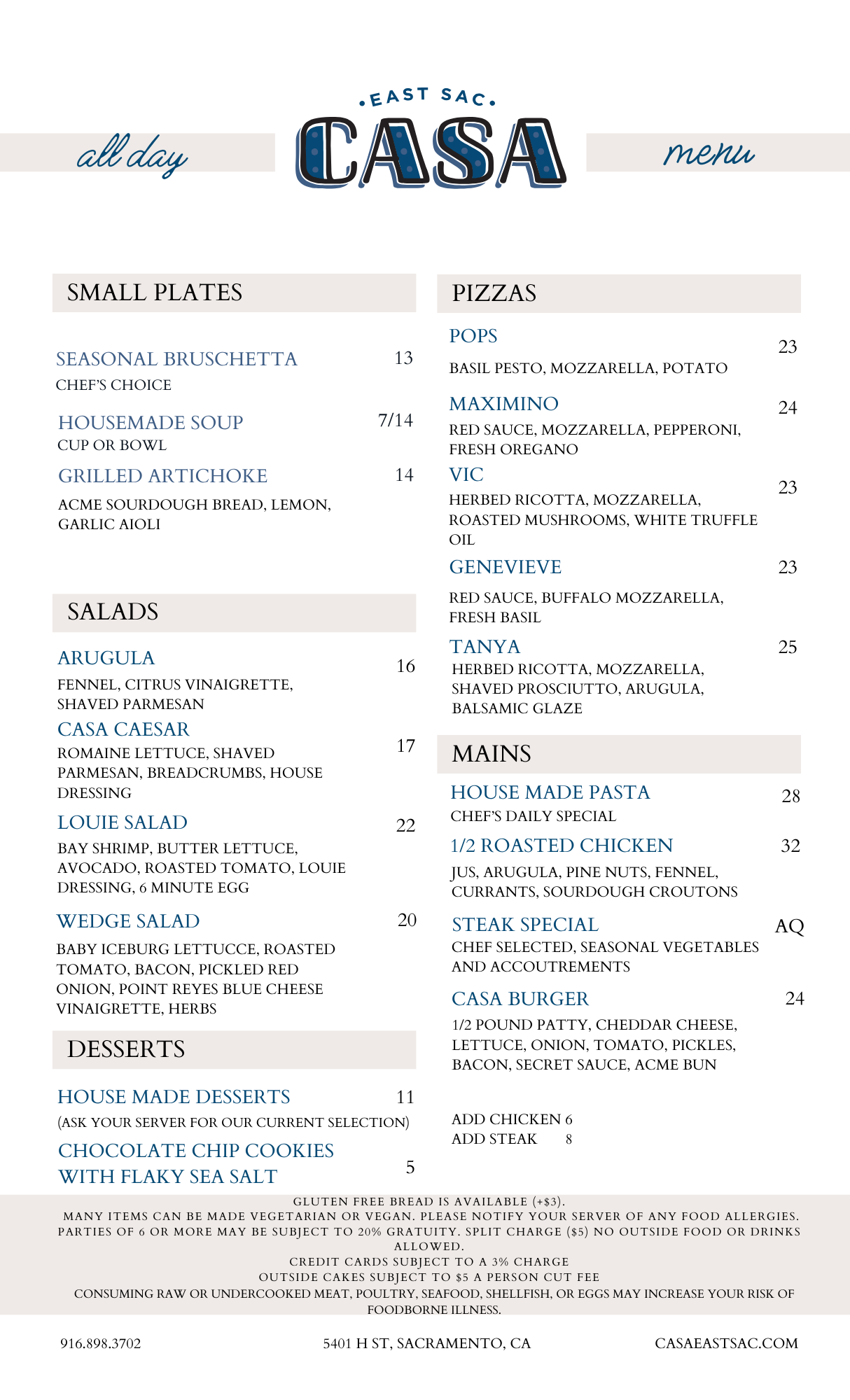 Menu — Casa East Sac