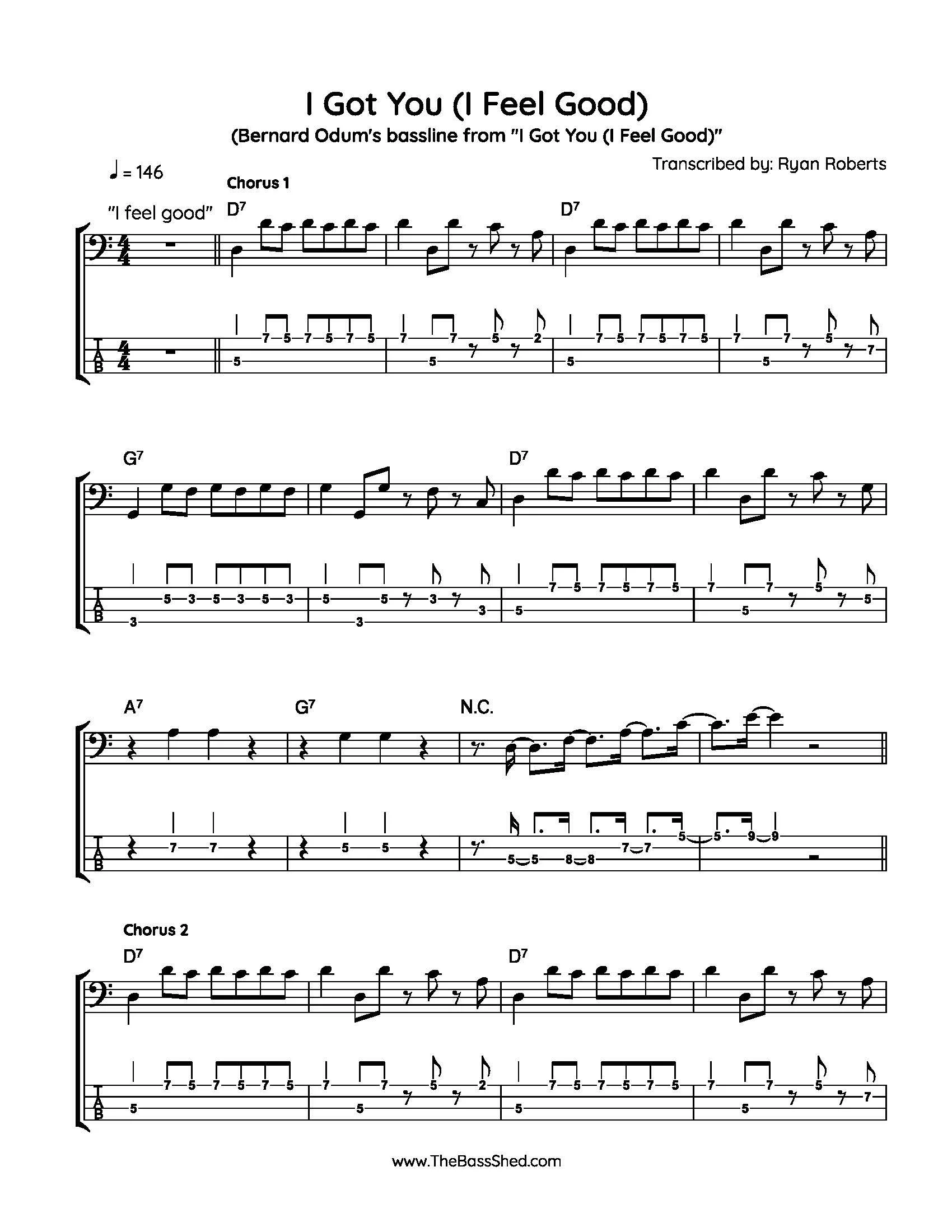 "I Feel Good" Bass Transcription (Bernard Odum) — Bass Shed Academy