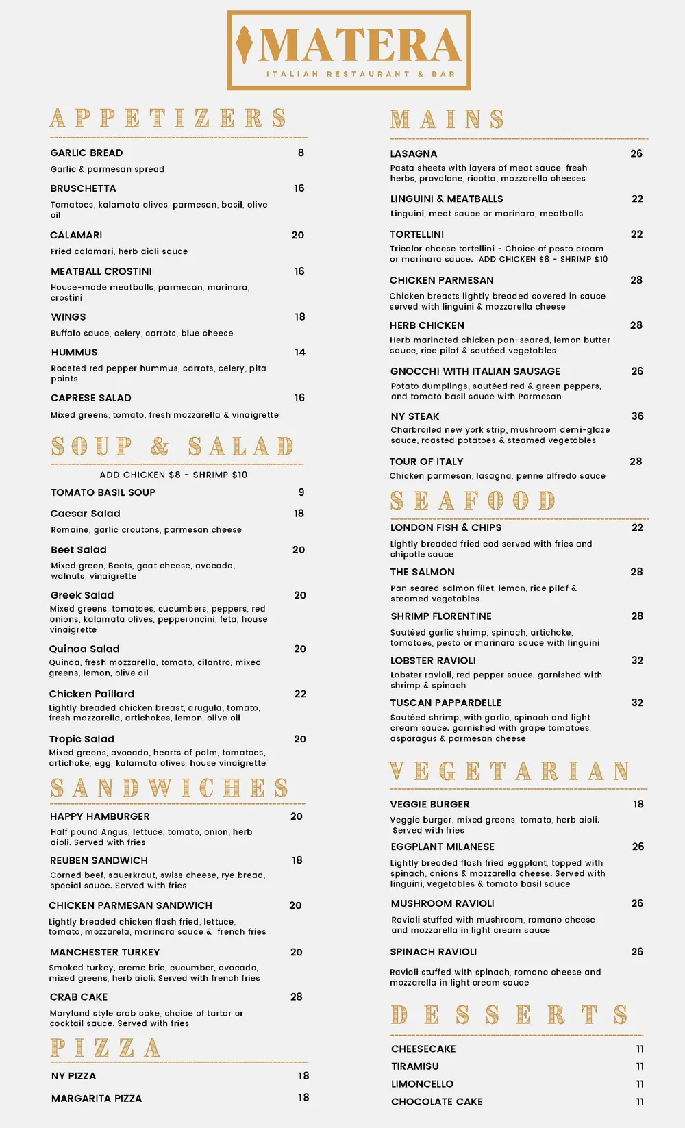 Menu — MATERA DC - Italian Restaurant & Bar