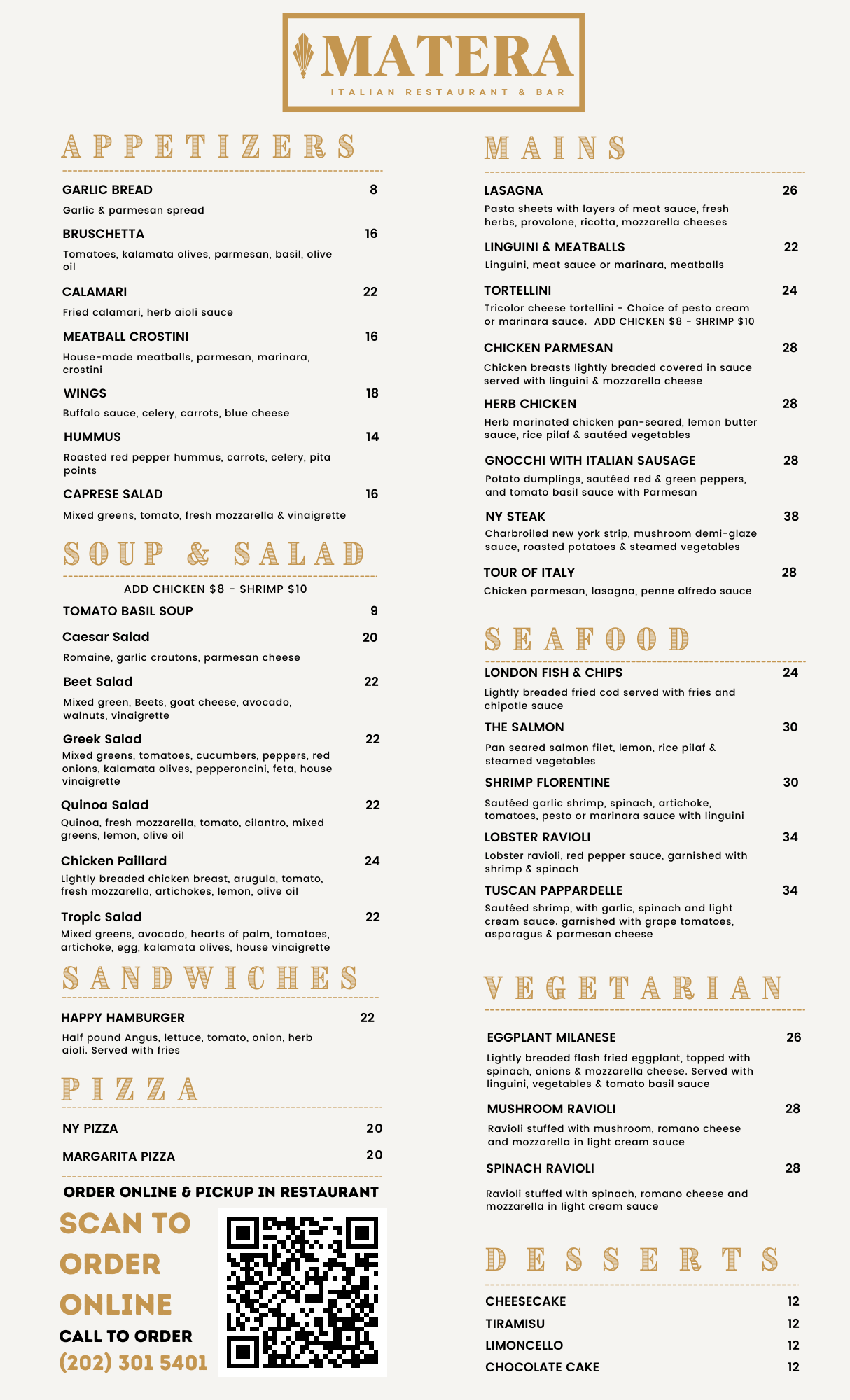 Menu — MATERA DC - Italian Restaurant & Bar