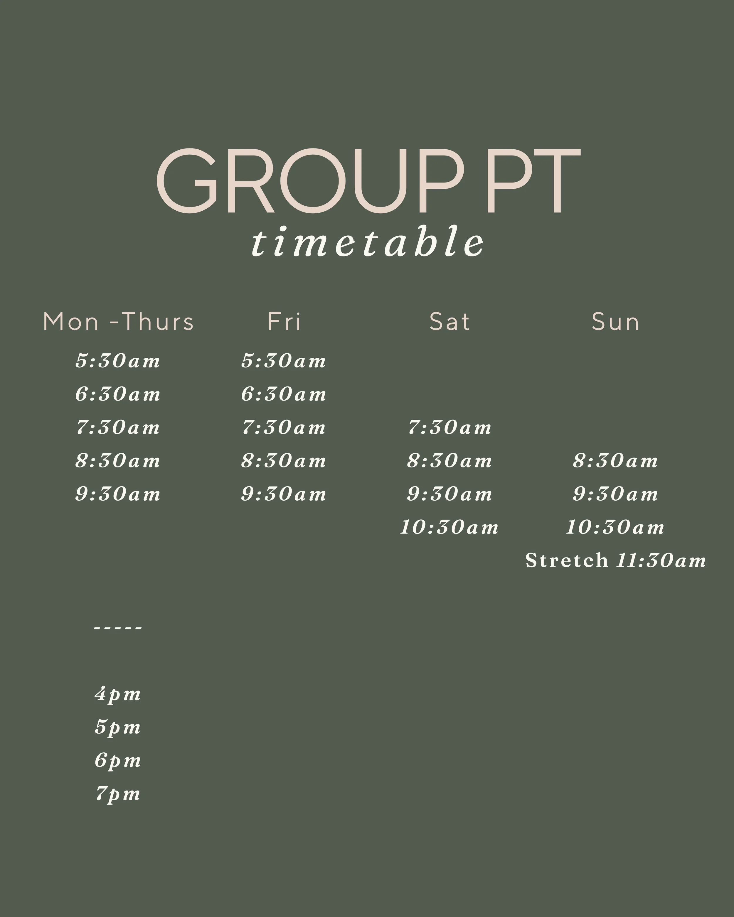 Personal Training Timetable