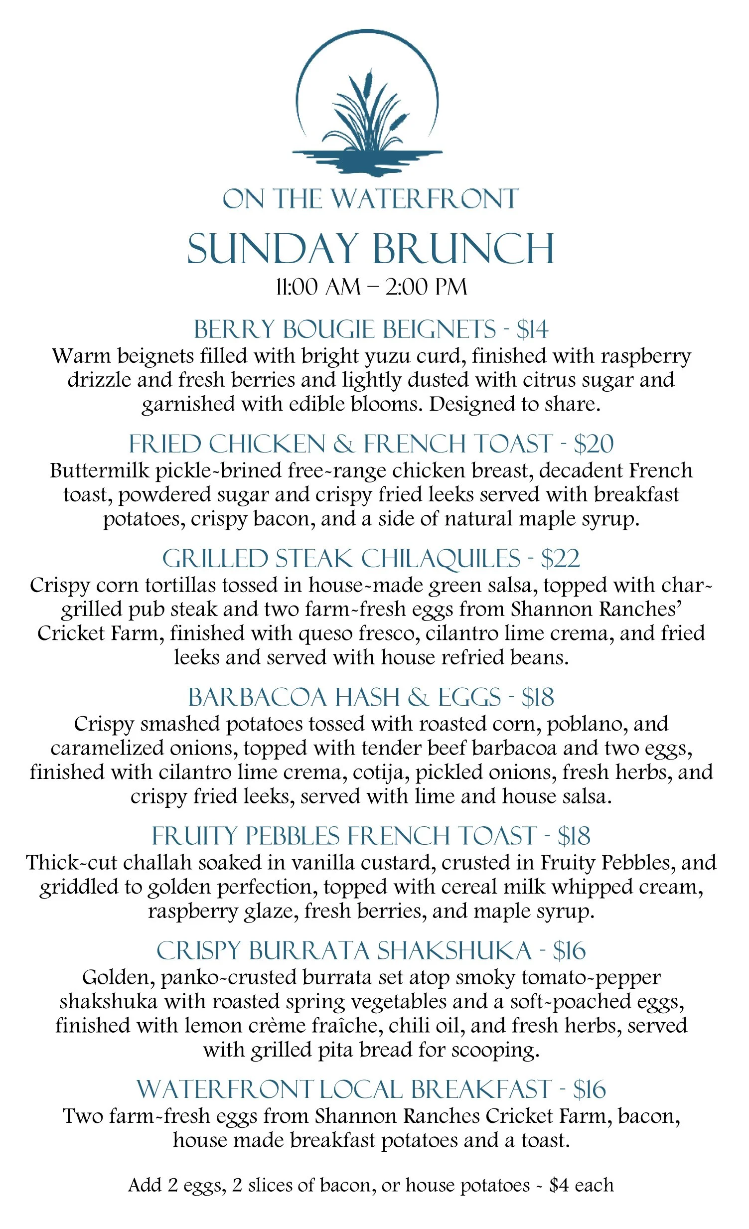 Brunch Menu — On The Waterfront Restaurant, Lakeport CA