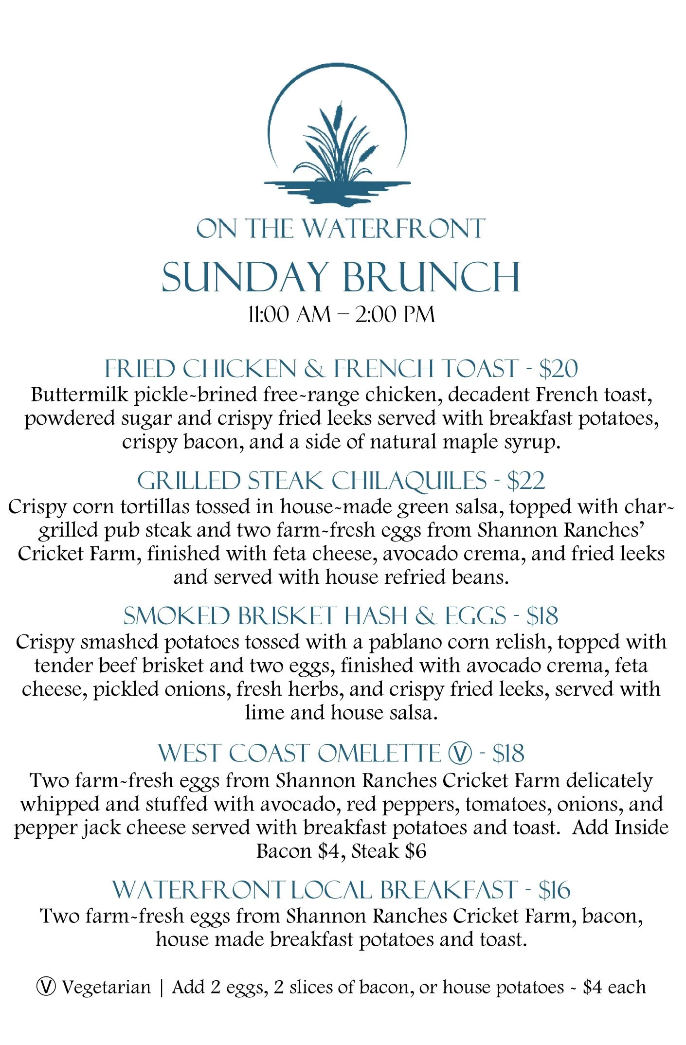 Brunch Menu — On The Waterfront Restaurant, Lakeport CA