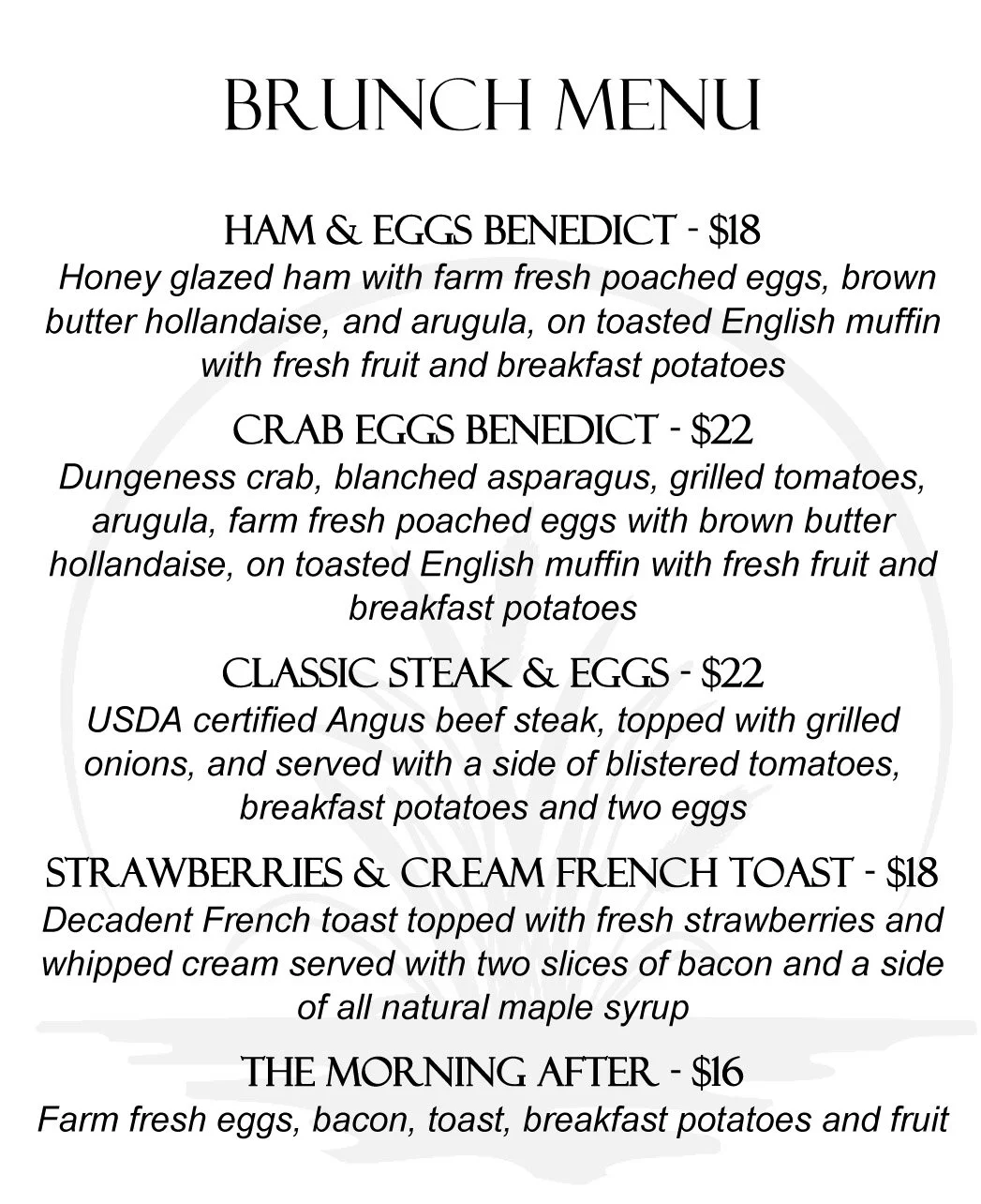 Brunch Menu — On The Waterfront Restaurant, Lakeport CA