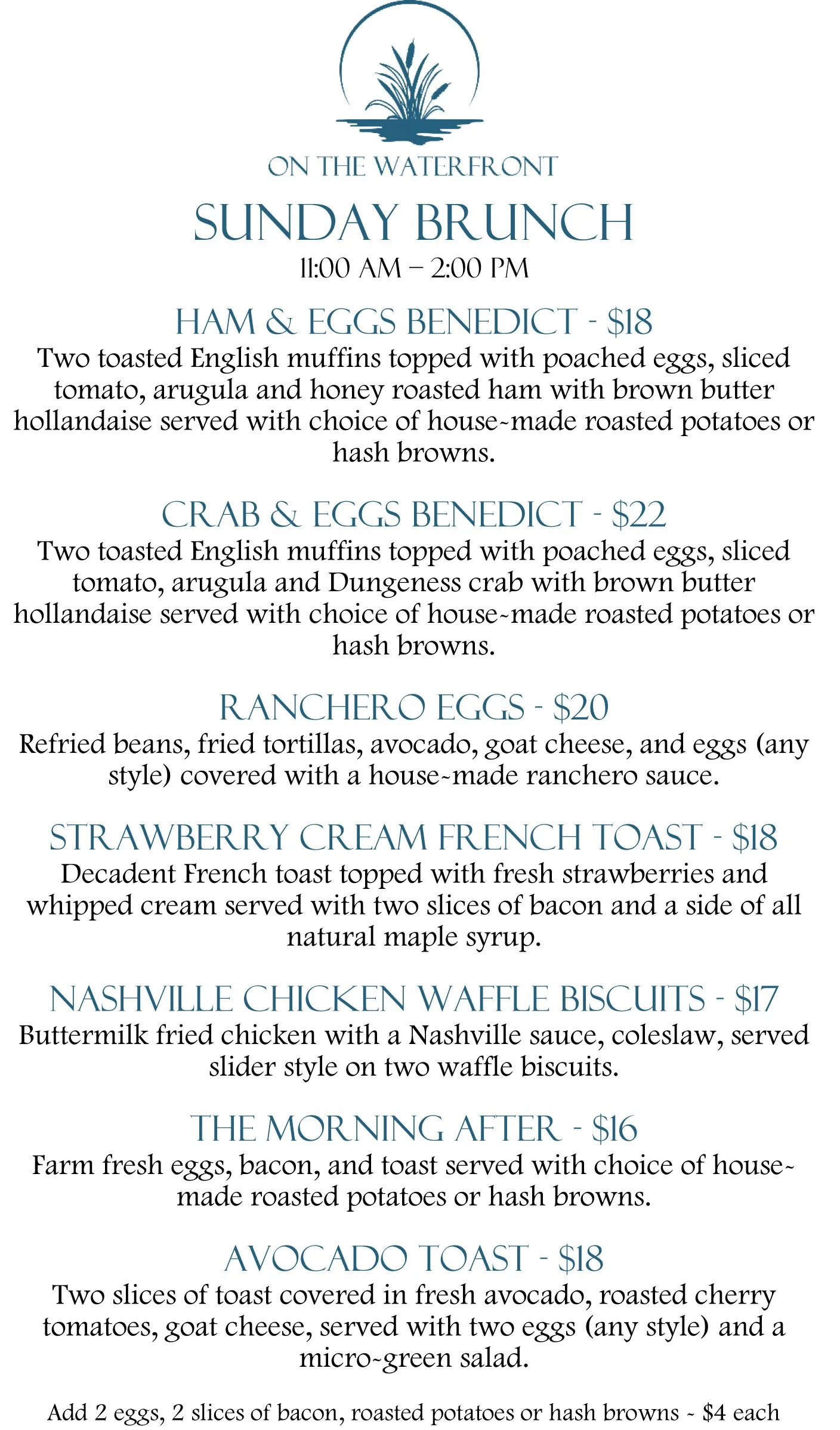 Brunch Menu — On The Waterfront Restaurant, Lakeport CA