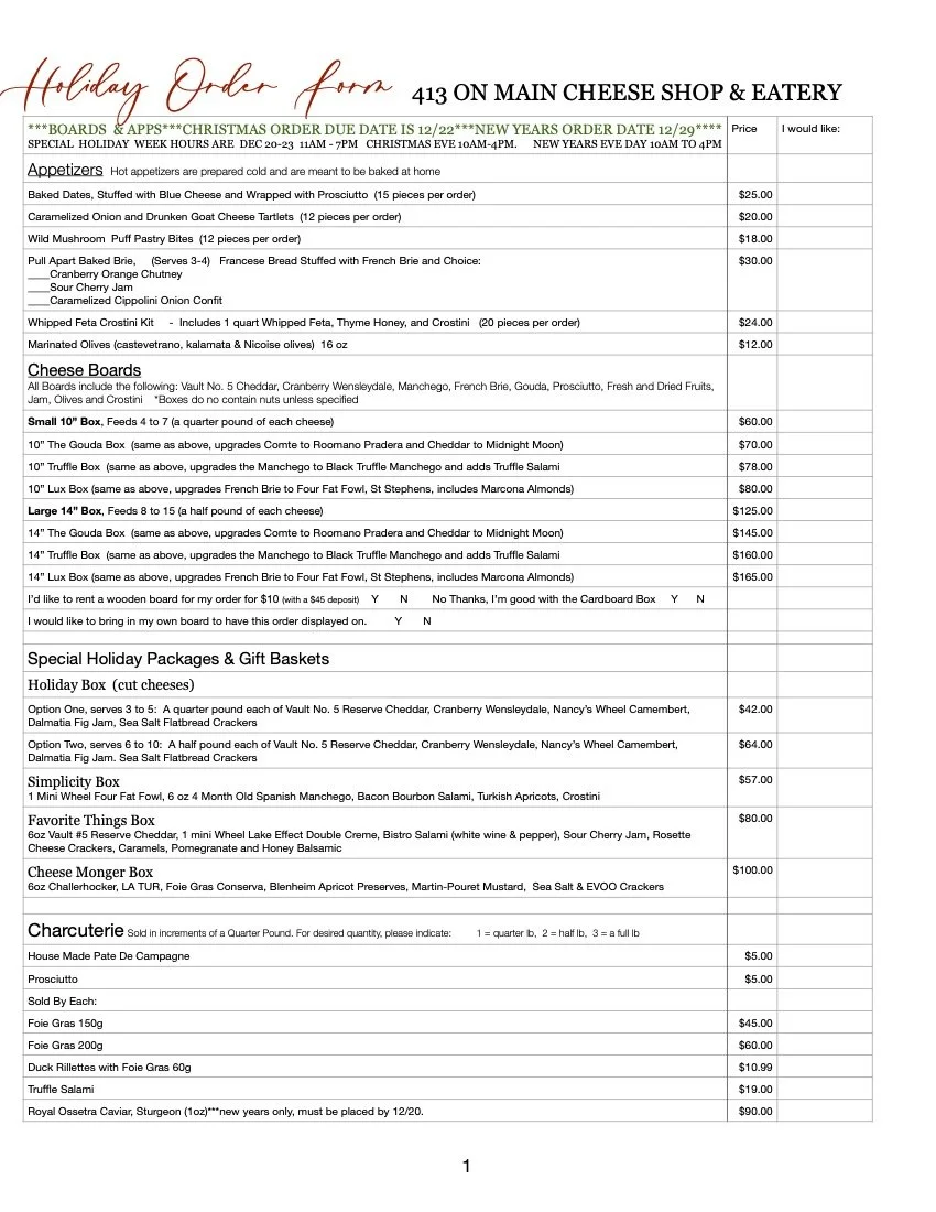 Menu & Order Form — 413 On Main