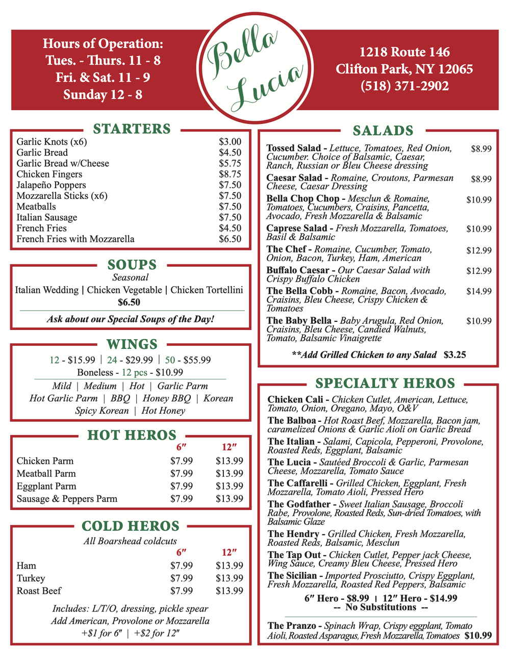 MENU — Bella Lucia Pizzeria