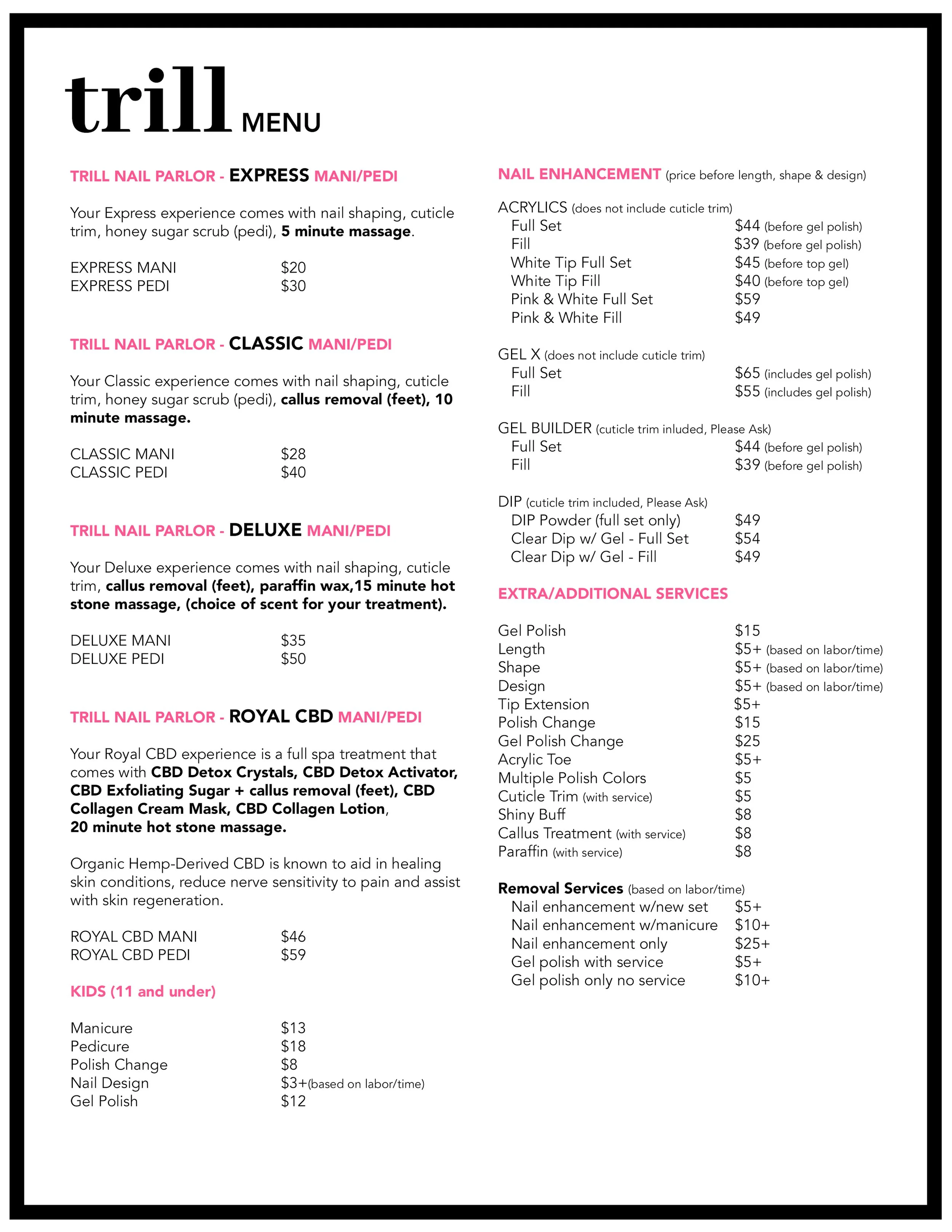 Nail Menu — Trill Nail Parlor