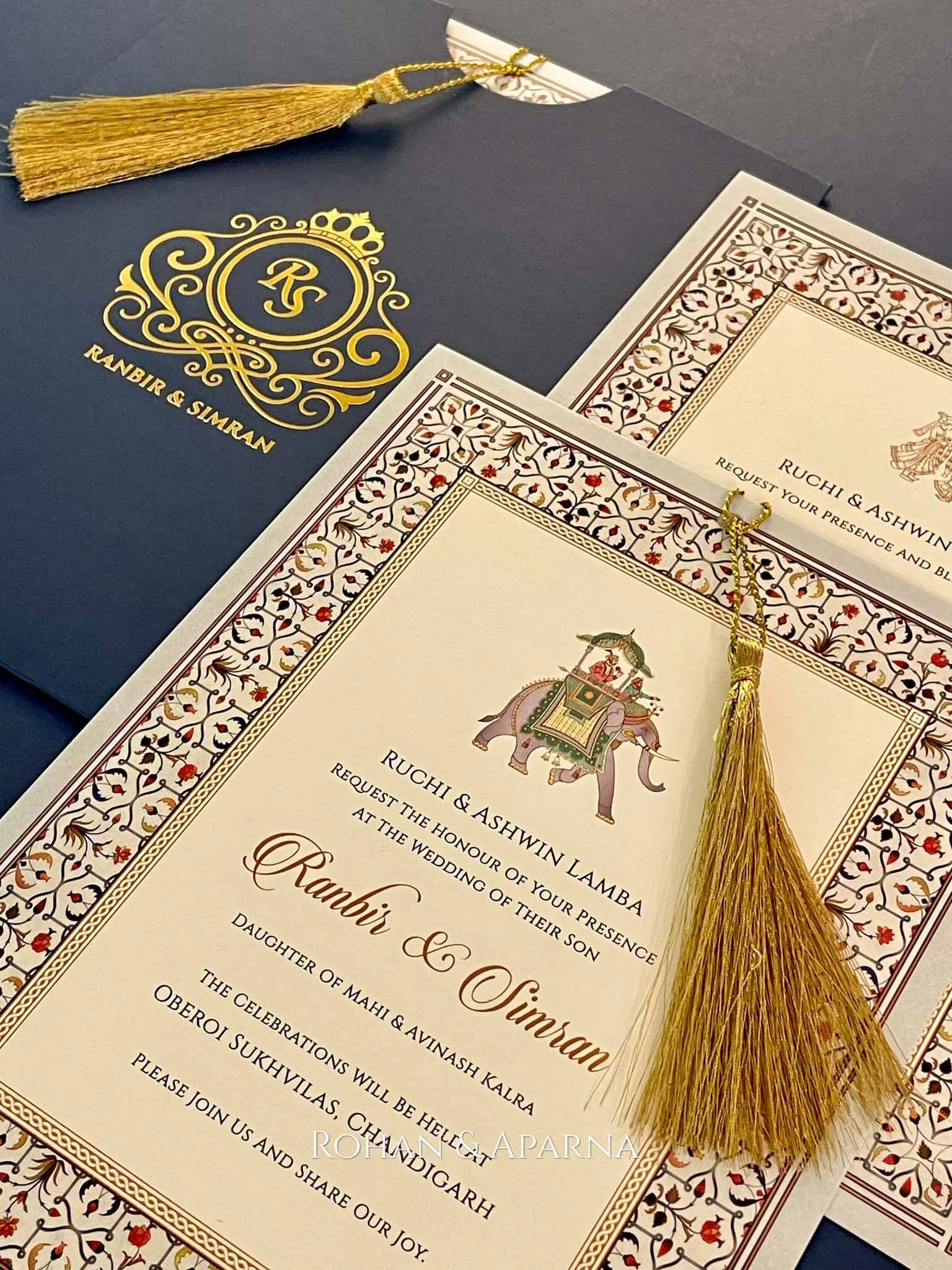 Blue Mughal with Tassel Indian Wedding Card by Rohan & Aparna
