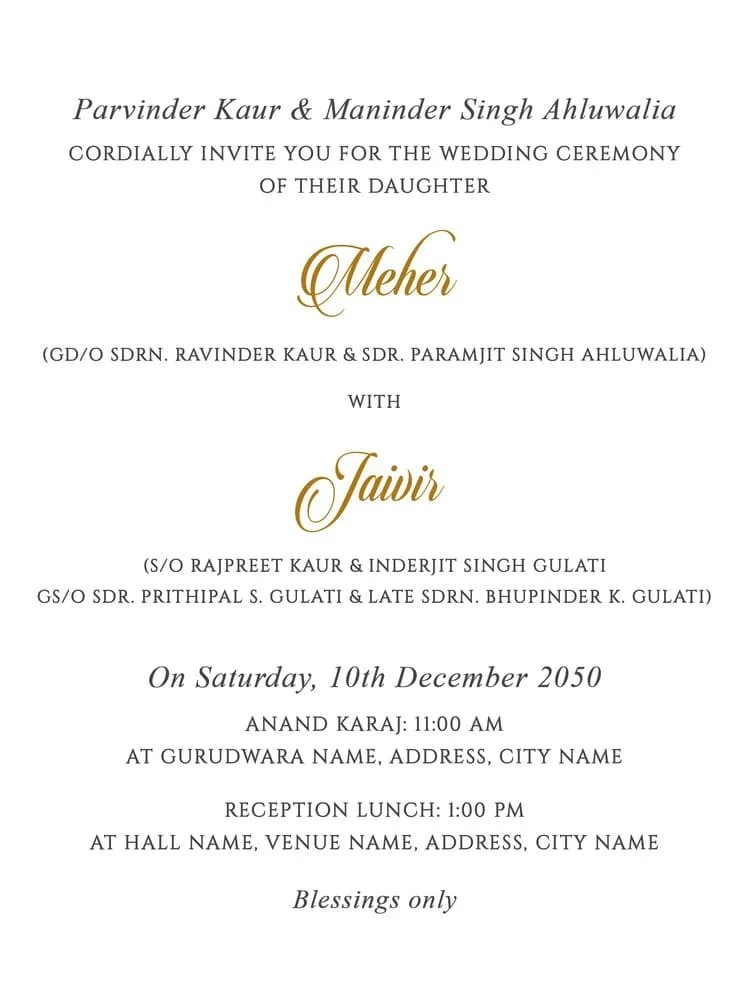 Anand Karaj Wording Templates | Rohan & Aparna