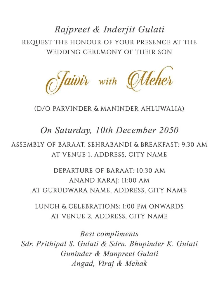 Anand Karaj Wording Templates | Rohan & Aparna