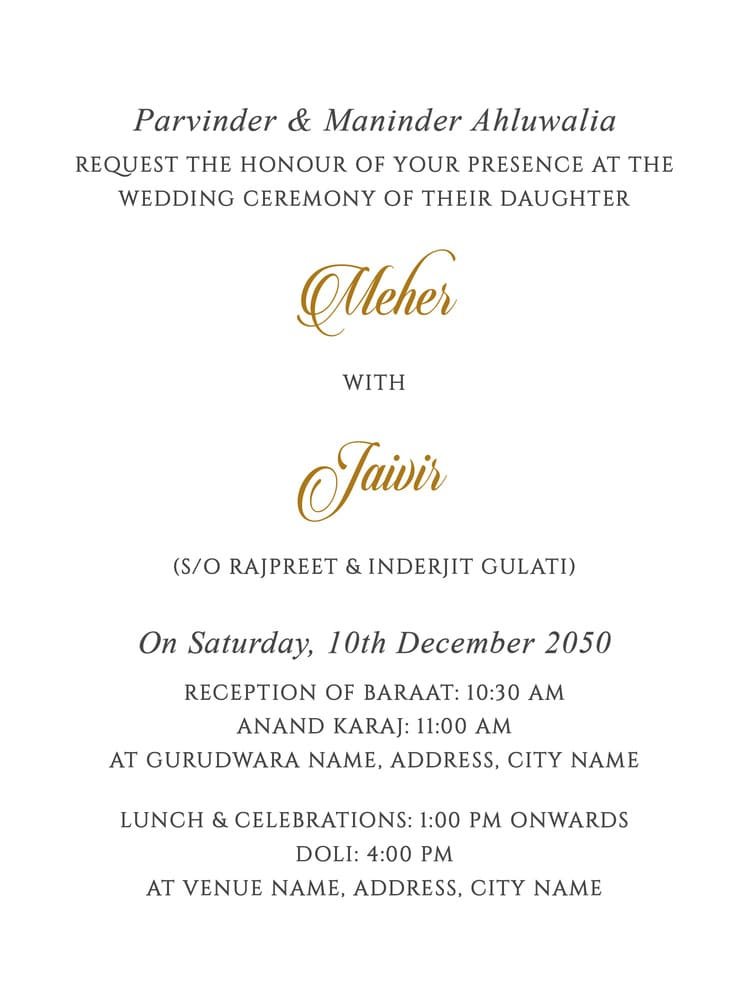Anand Karaj Wording Templates | Rohan & Aparna