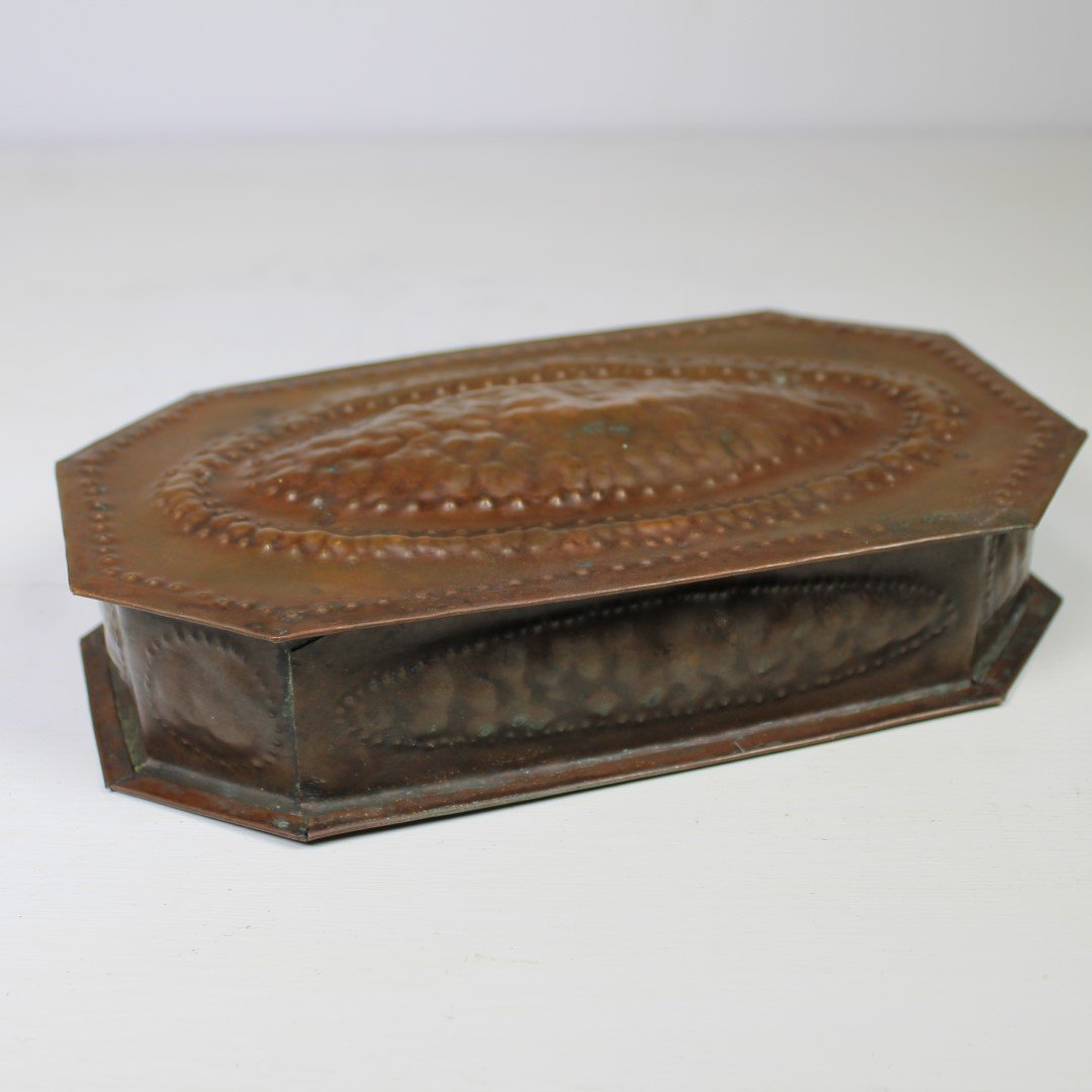 Antique Arts and Crafts hammered copper casket or tin