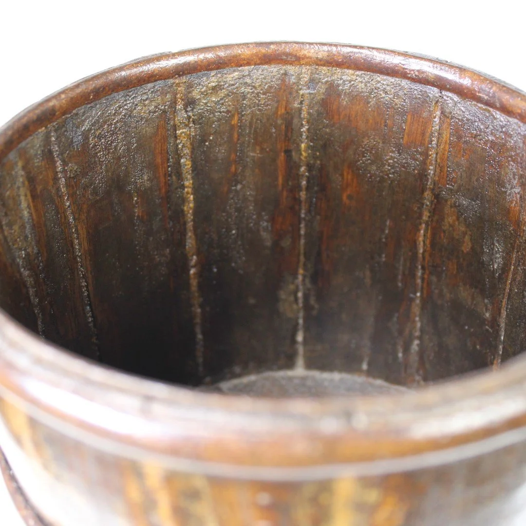 Vintage coopered wooden barrel plant pot with steel bands