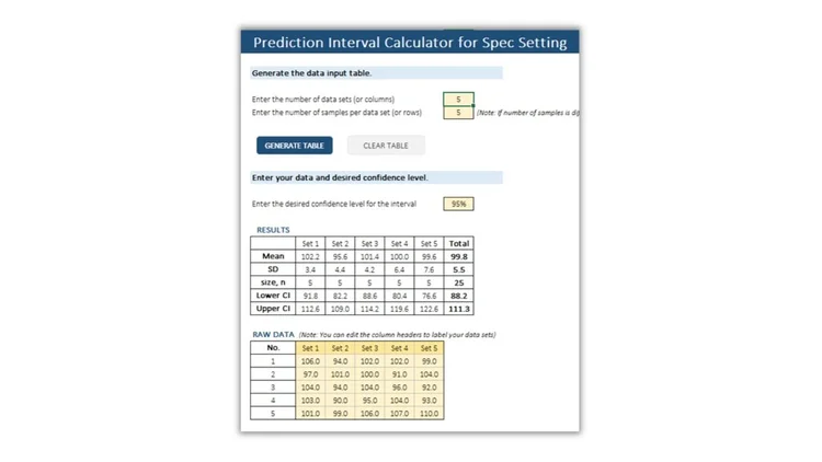 Prediction Interval Calculator for Spec Setting | Excel in Science