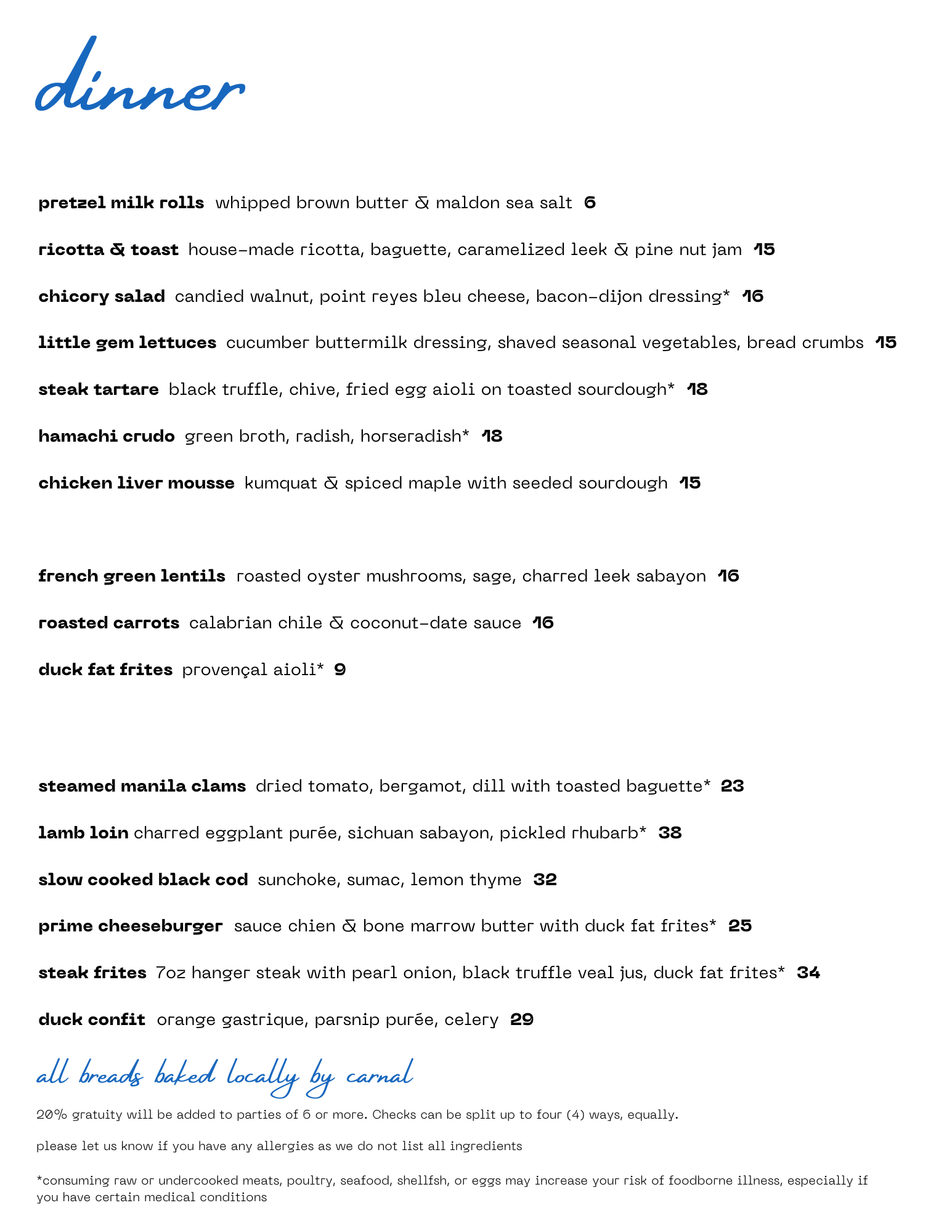 Dinner Menu — Estelle