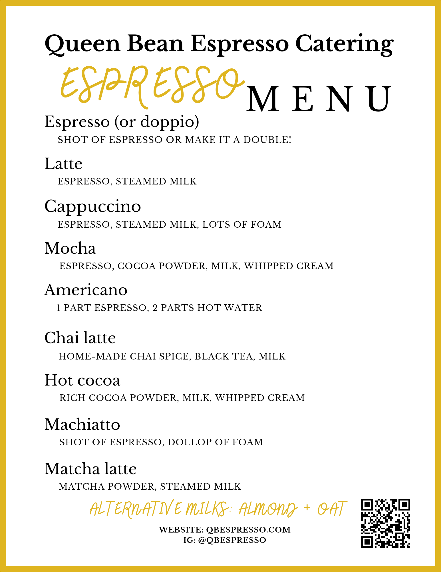 Queen Bean Espresso Menu — Queen Bean Espresso Catering / Mobile Coffee ...