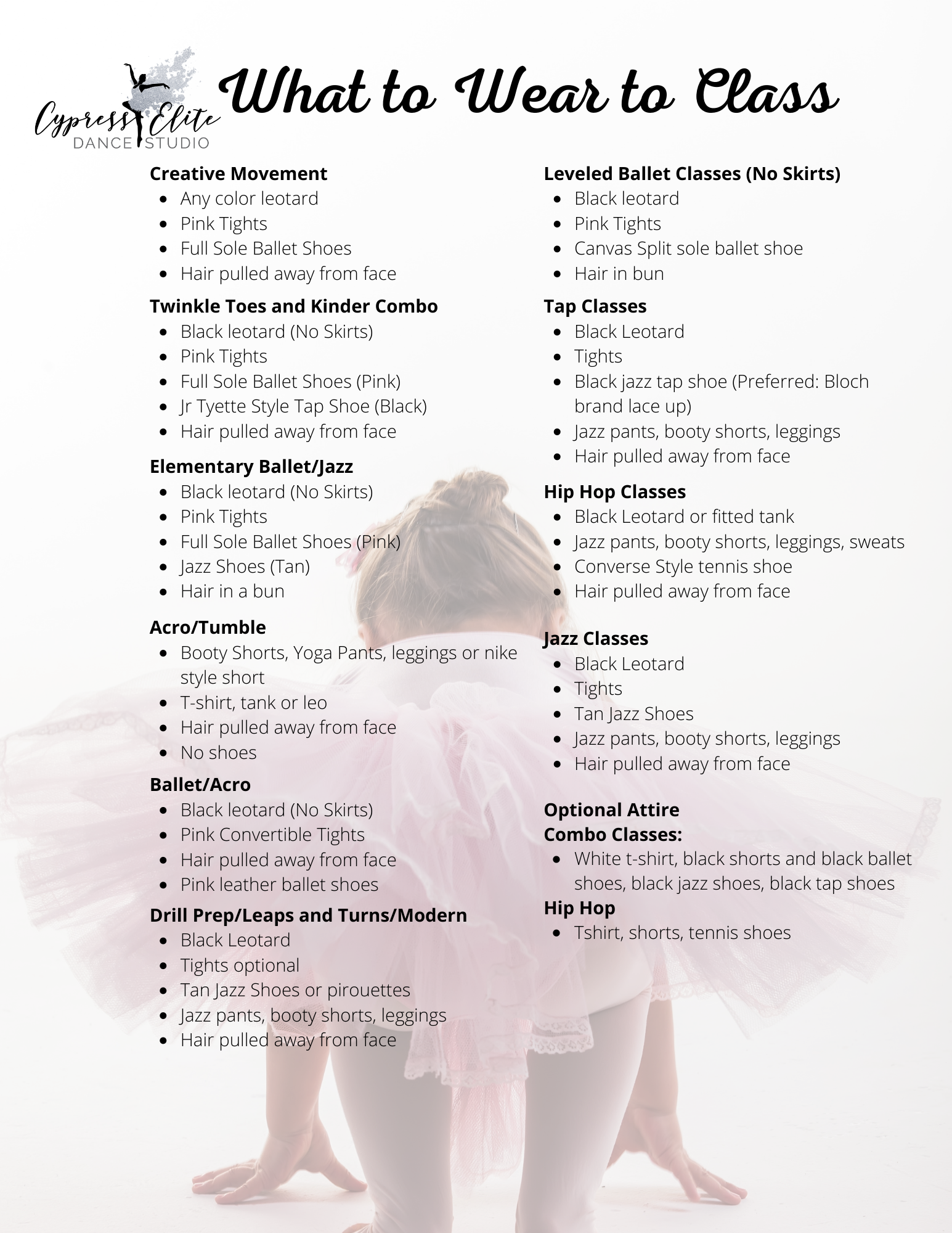 What to wear — Cypress Elite Dance Studio