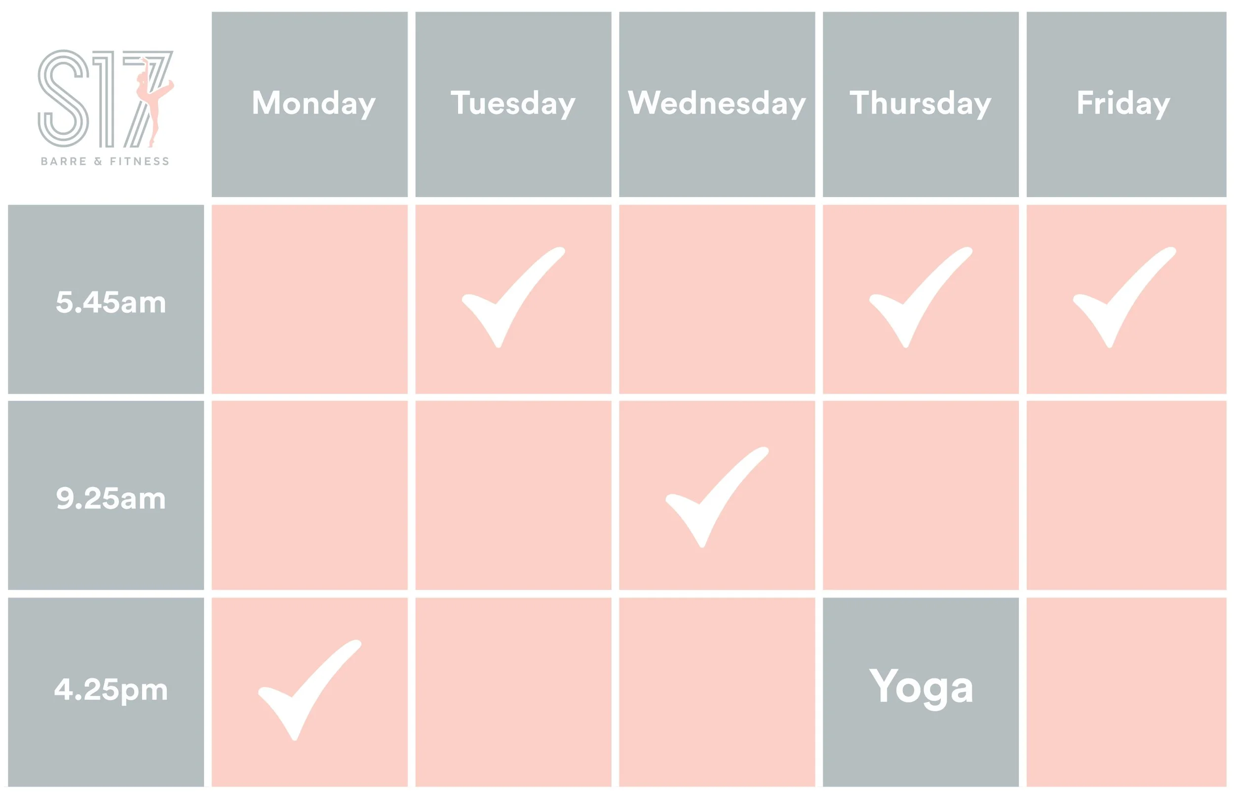 Class Timetable — S17 BARRE & FITNESS