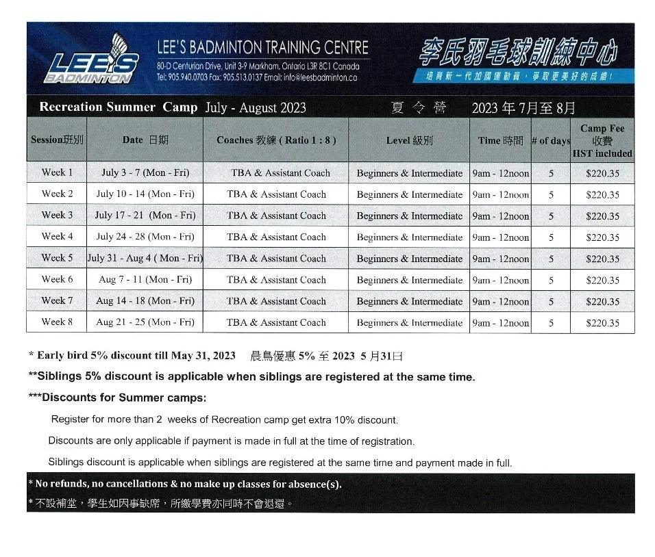 Markham Programs — Lee's Badminton Professional Training Centre ...