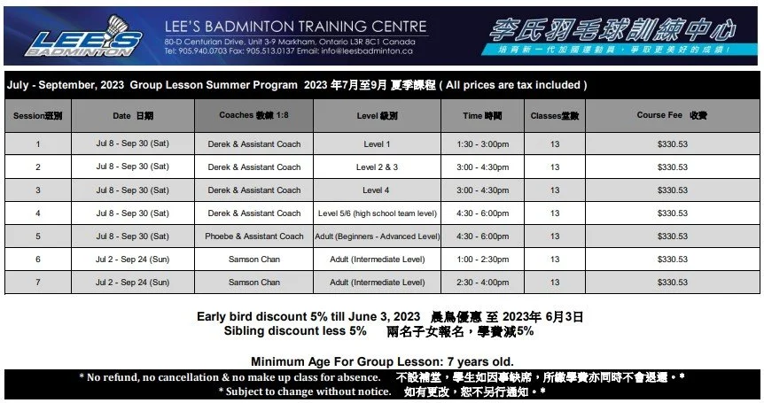 Markham Programs — Lee's Badminton Professional Training Centre ...